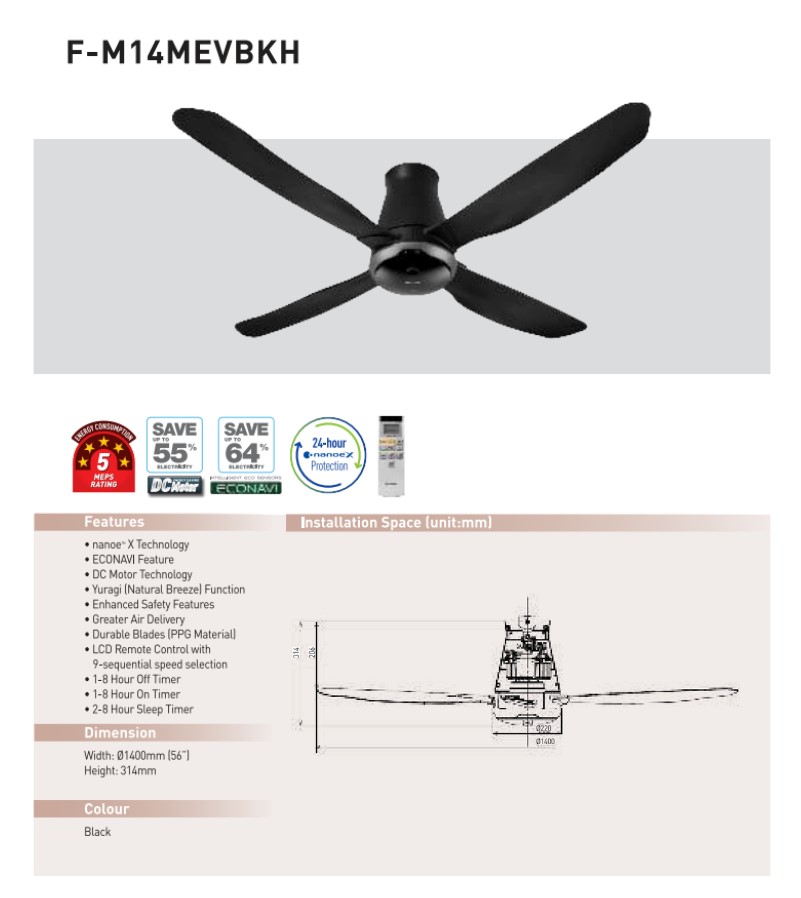 Panasonic 56" 4 Blades Econavi Ceiling Fan with DC Motor | FM14HW ...
