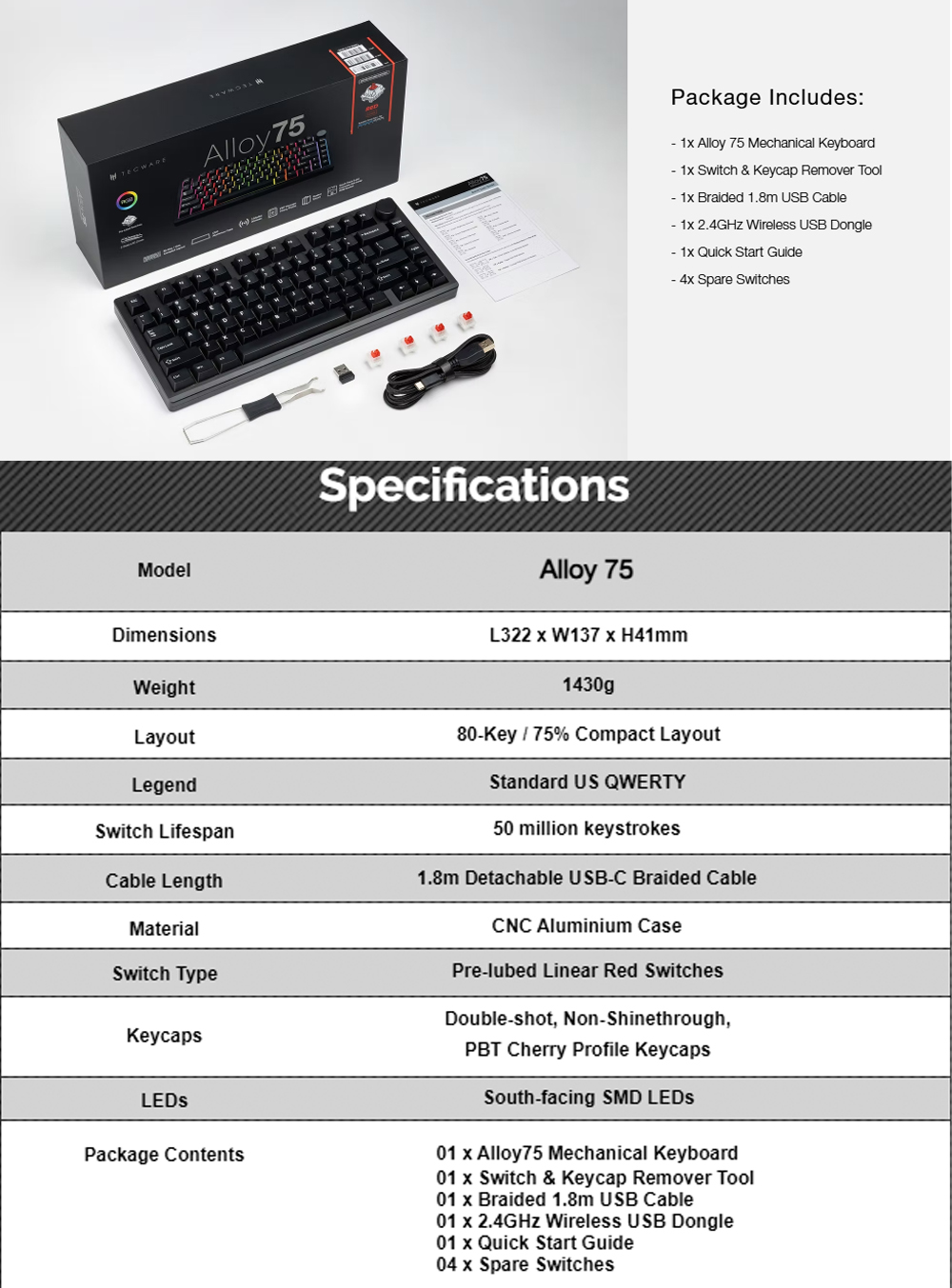 TECWARE Alloy 75 Wireless RGB Gaming Keyboard with Full CNC Aluminum ...
