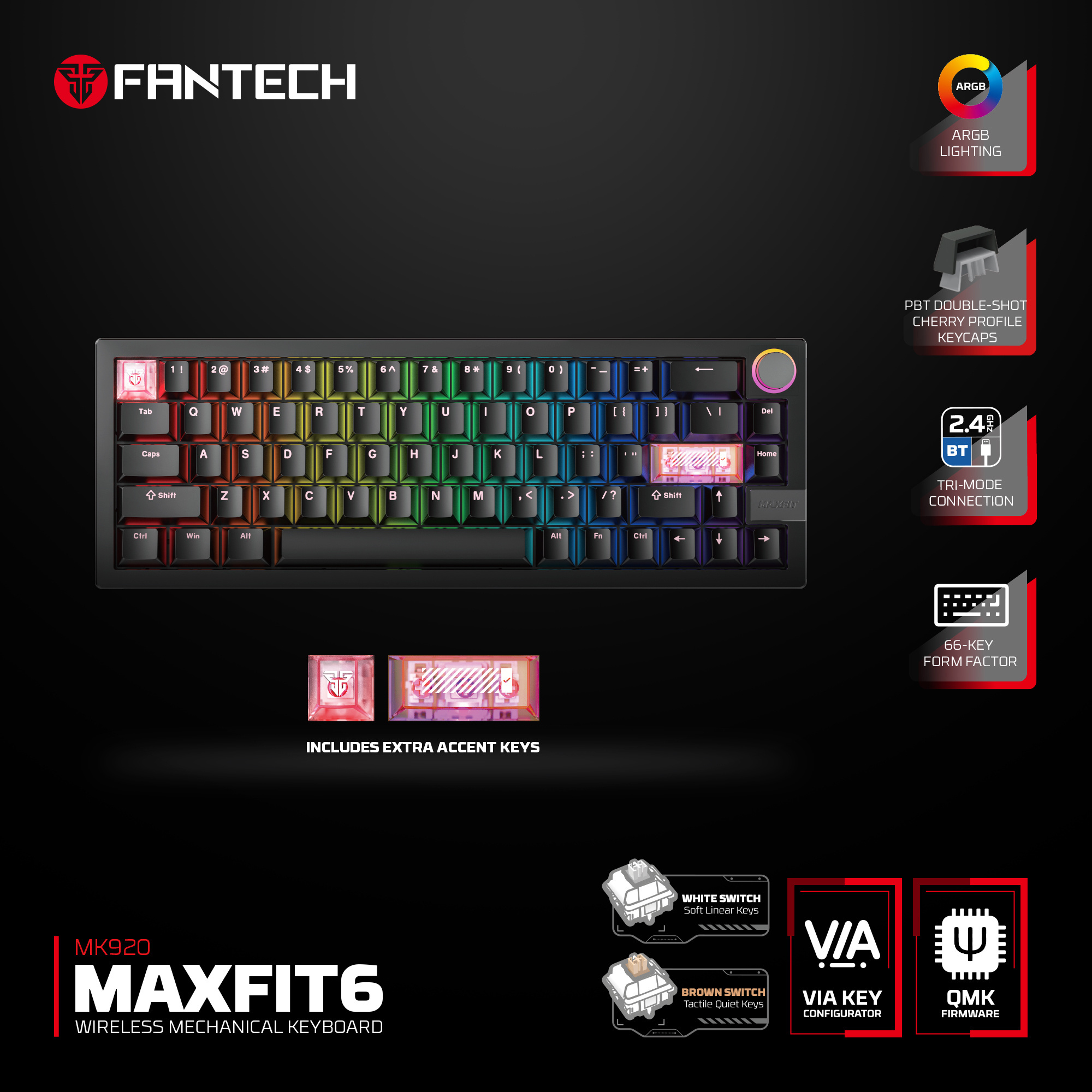 Fantech MK920 Maxfit6 Wireless Mechanical Keyboard Tri-Mode Connect ...