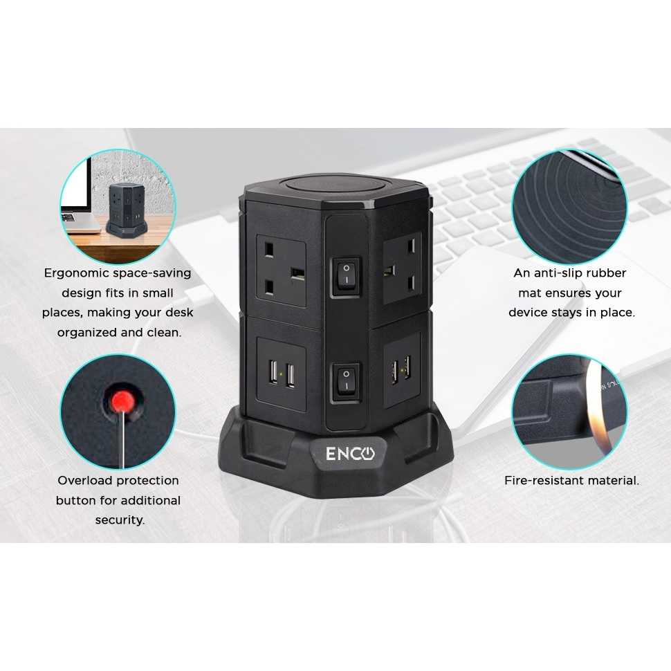 ENCO Pembesaran Kuasa Soket DD-4U6K-W 6 Way 4 USB Pelbagai Plug UK ...