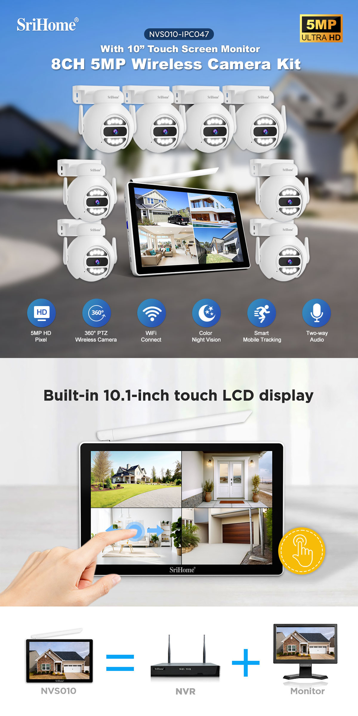 5MP SriHome WiFi NVR 8CH Touch Screen Set + 8x PTZ Cameras – 2K HD ...