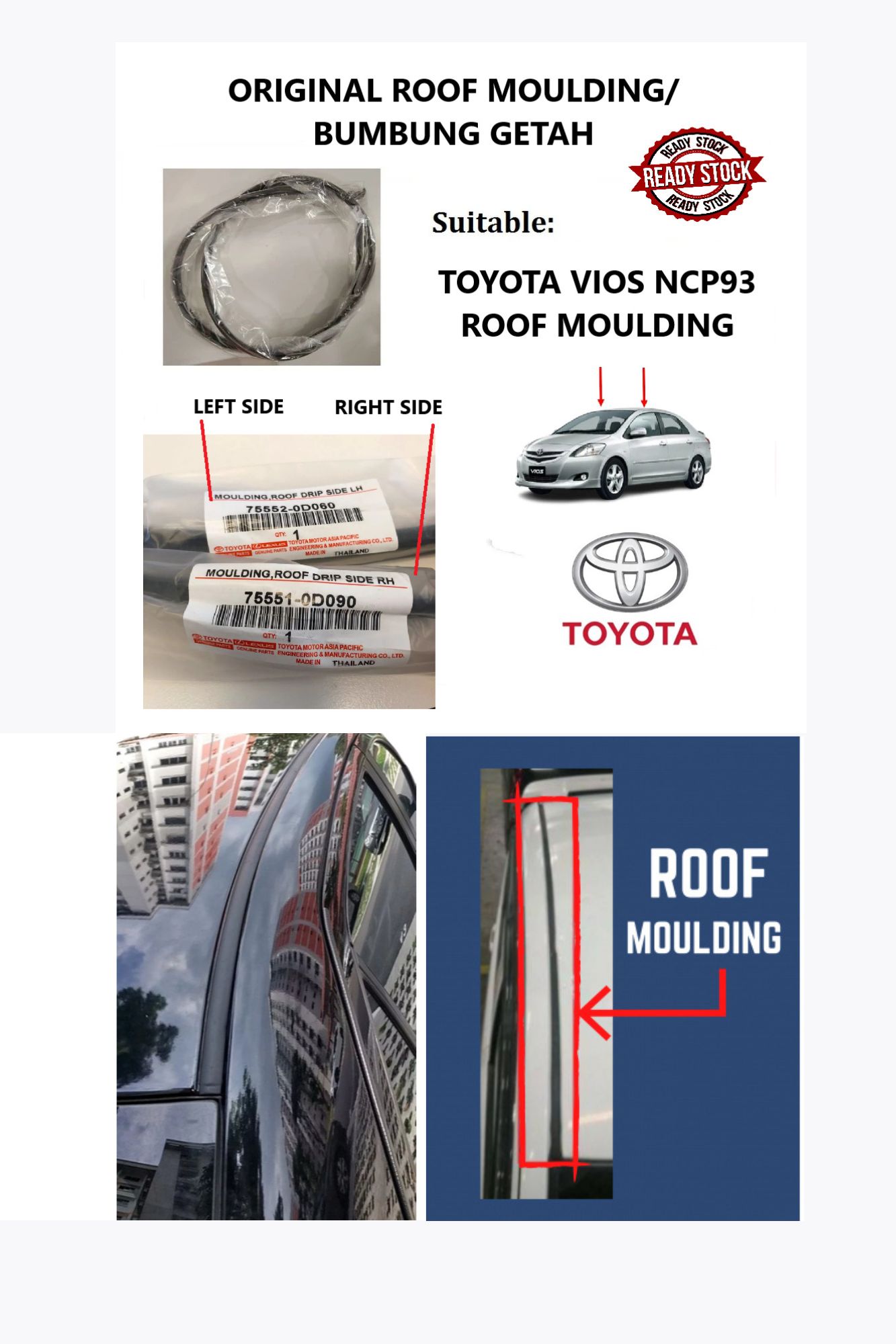 ORIGINAL TOYOTA VIOS NCP93 ROOF MOULDING RUBBER/BUMBUNG GETAH 75552 ...