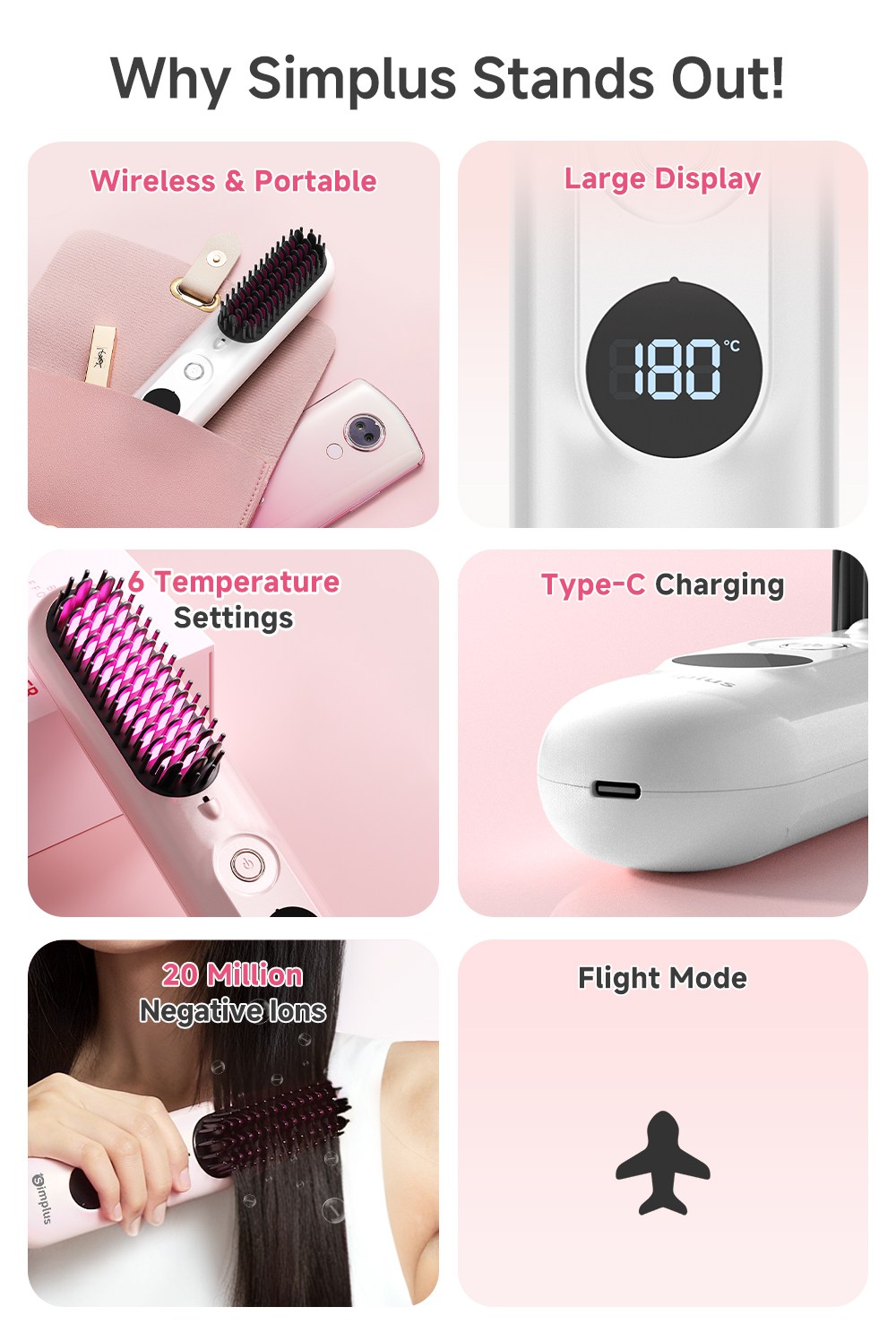 【Simplus Pink】Hair Straightener Brush Cordless Portable丨20 Million ...