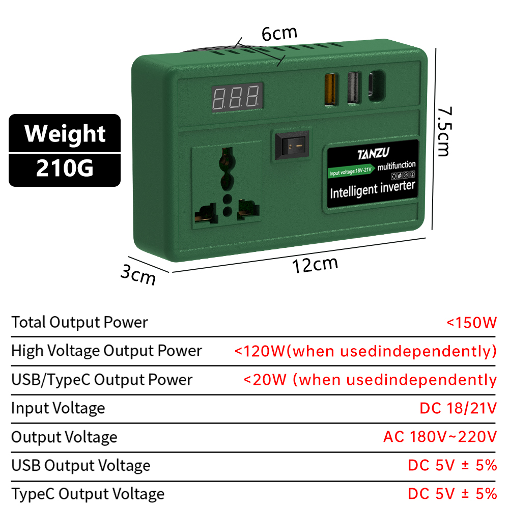 TANZU 150W Portable Power Inverter | 21V to 220V DC-AC Converter for ...