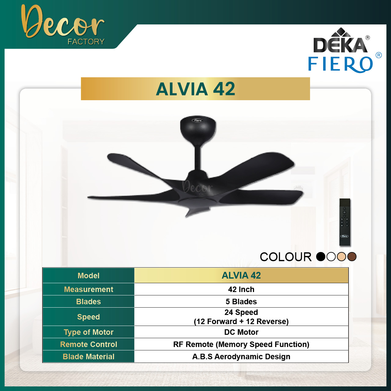 DEKA FIERO Fan FIERO ALVIA 42 Inch 5 Blades 24 Speed DC Motor With ...