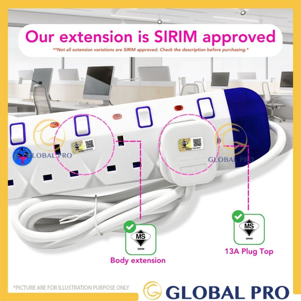 SIRIM Global Pro 3/4/5-Gang Extension Plug with USB – Heavy Duty 2M–5M ...