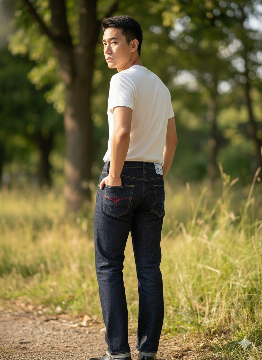 Samurai Jeans Kepala Kain Button Fly Benang Biru Merah Take Five 13oz ...