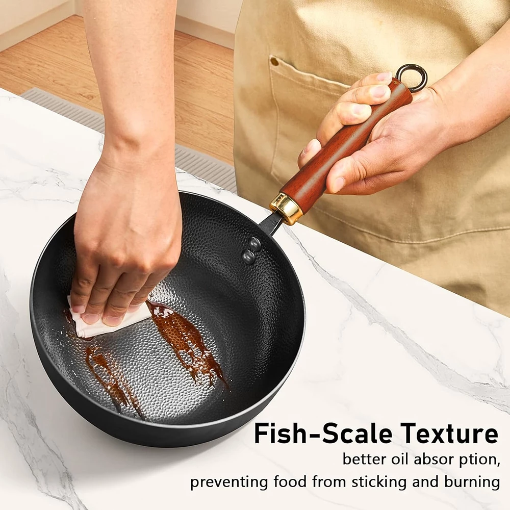 34cm Tumbled Cast Iron Wok, Uncoated & Natural Non-Stick Wide-Bellied ...