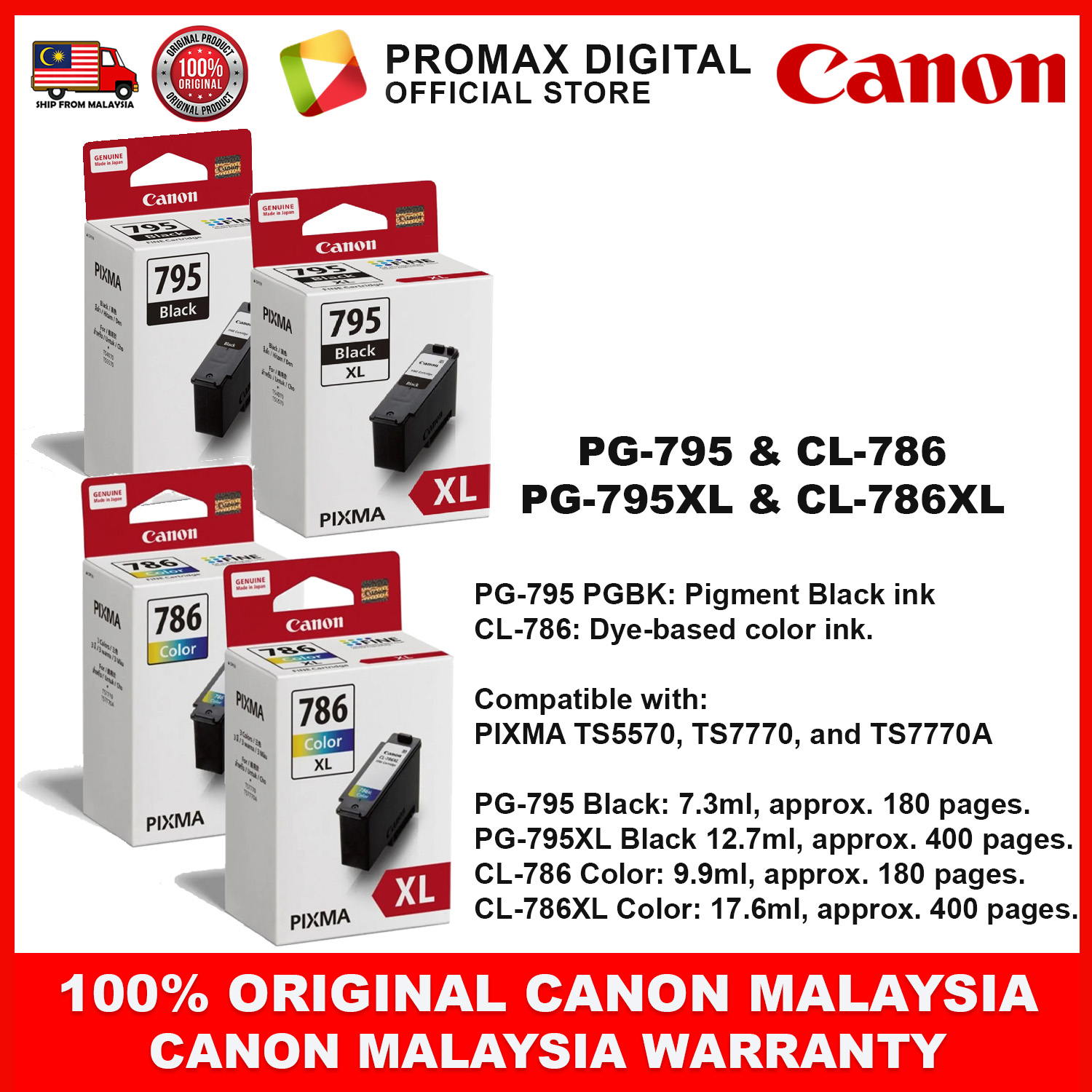 CANON PG-795 CL-786 PG-795XL CL-786XL INK BLACK CYAN MAGENTA YELLOW ...