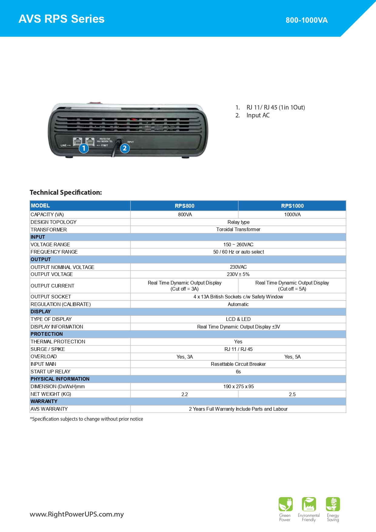RIGHT POWER AVR RPS800 (800VA) / RPS1000 (1000VA) / TR800-LE (800VA ...