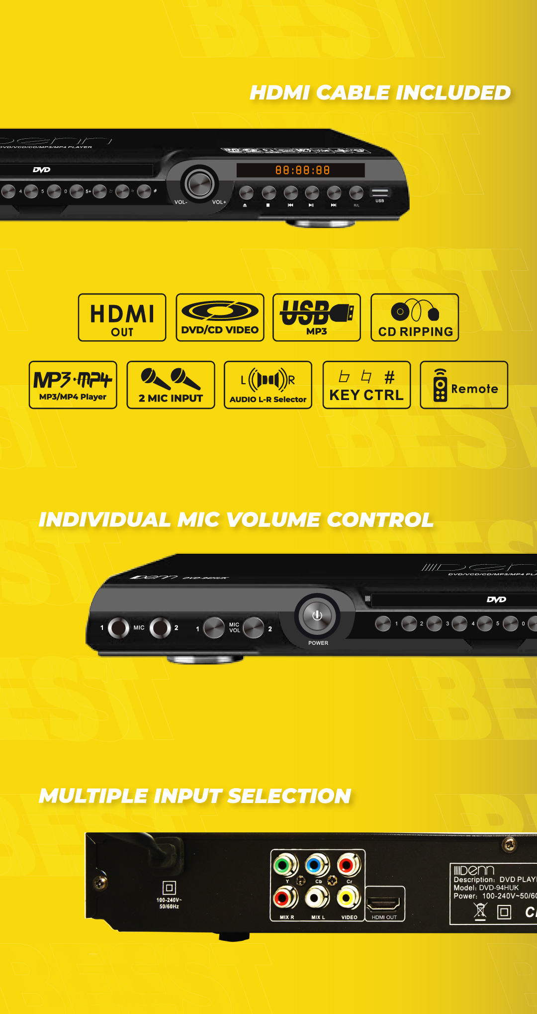DENN DVD-94HUK Karaoke DVD Player (HDMI Output / DVD / USB / 2 Mic ...