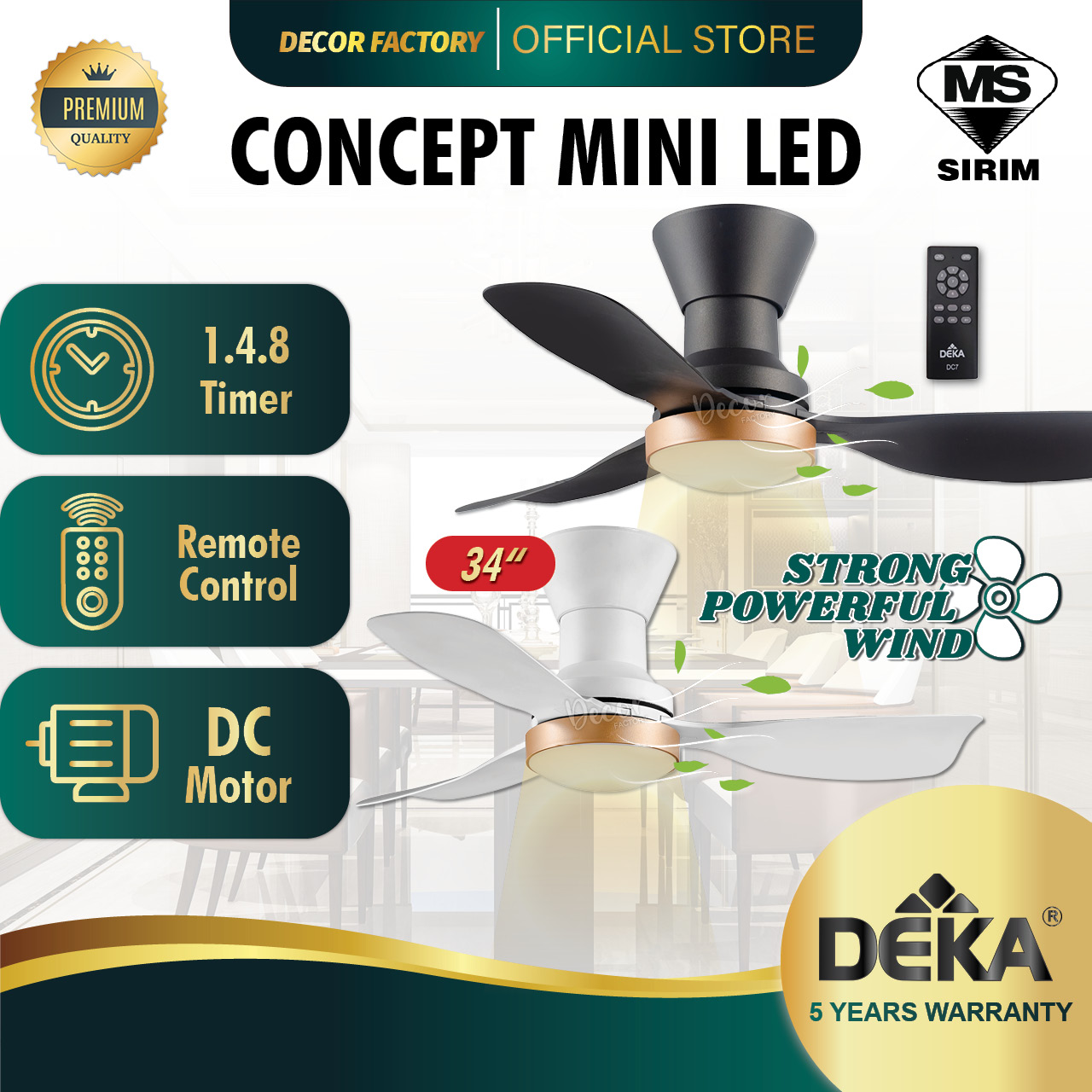 DEKA Fan DEKA CONCEPT MINI LED 34" 3 Blades 14 Speed DC Motor Remote ...