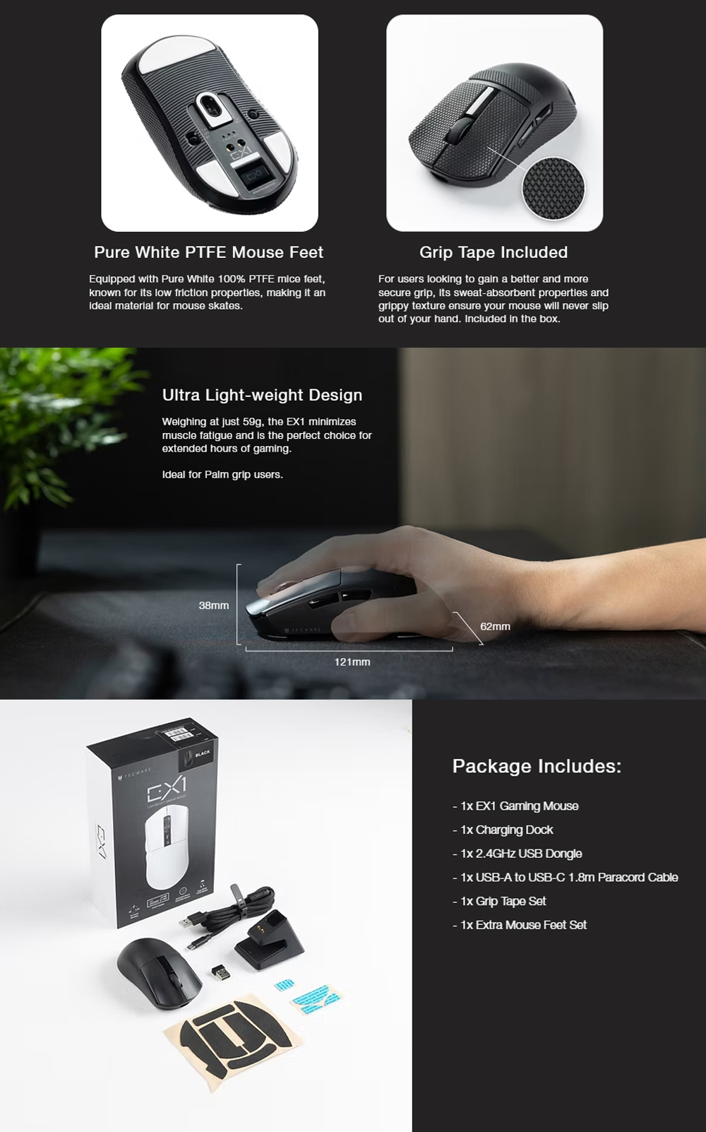 TECWARE EX1 Lightweight Wireless Gaming Mouse with Tri-Mode ...