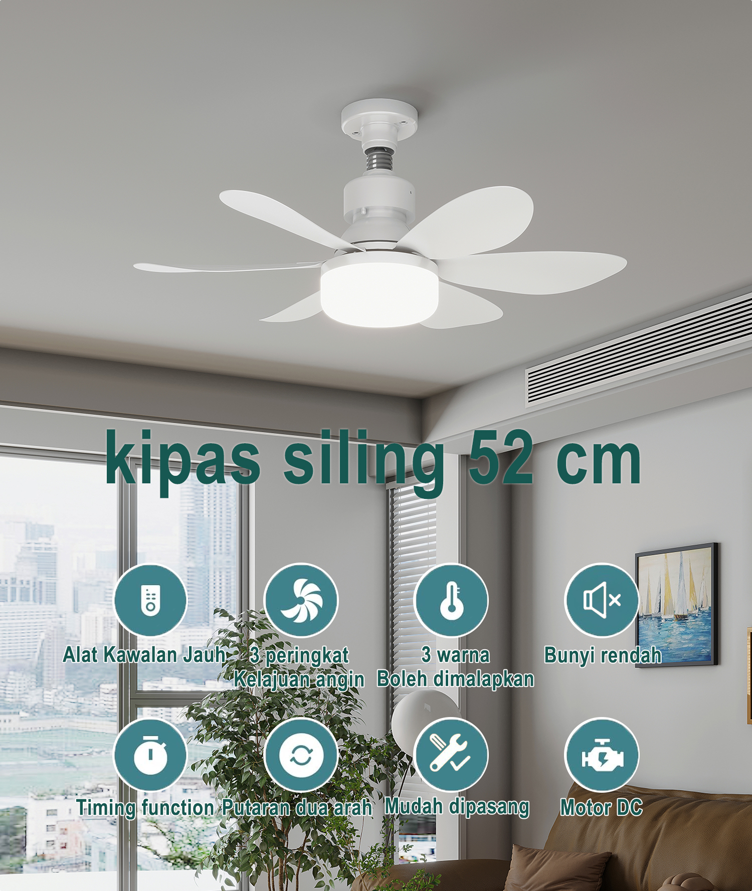 Kipas siling 52CM, bilah putih ABS, lorek akrilik, Motor DC, 3 kelajuan ...
