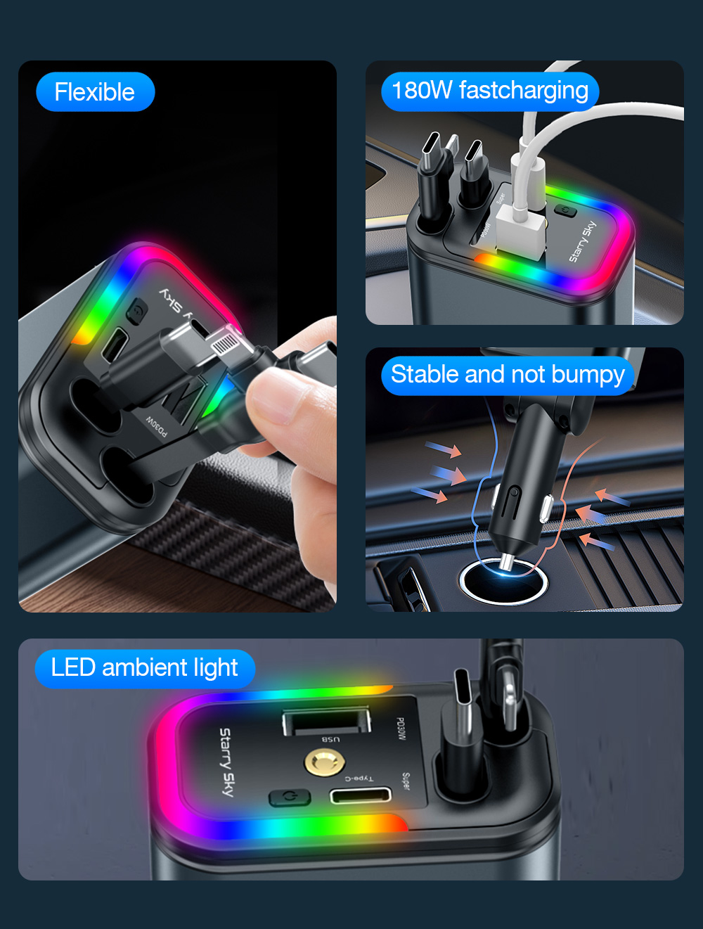 EYD CH01 180W Car Charger Dual Retractable Cable Fast Charging 4 ...