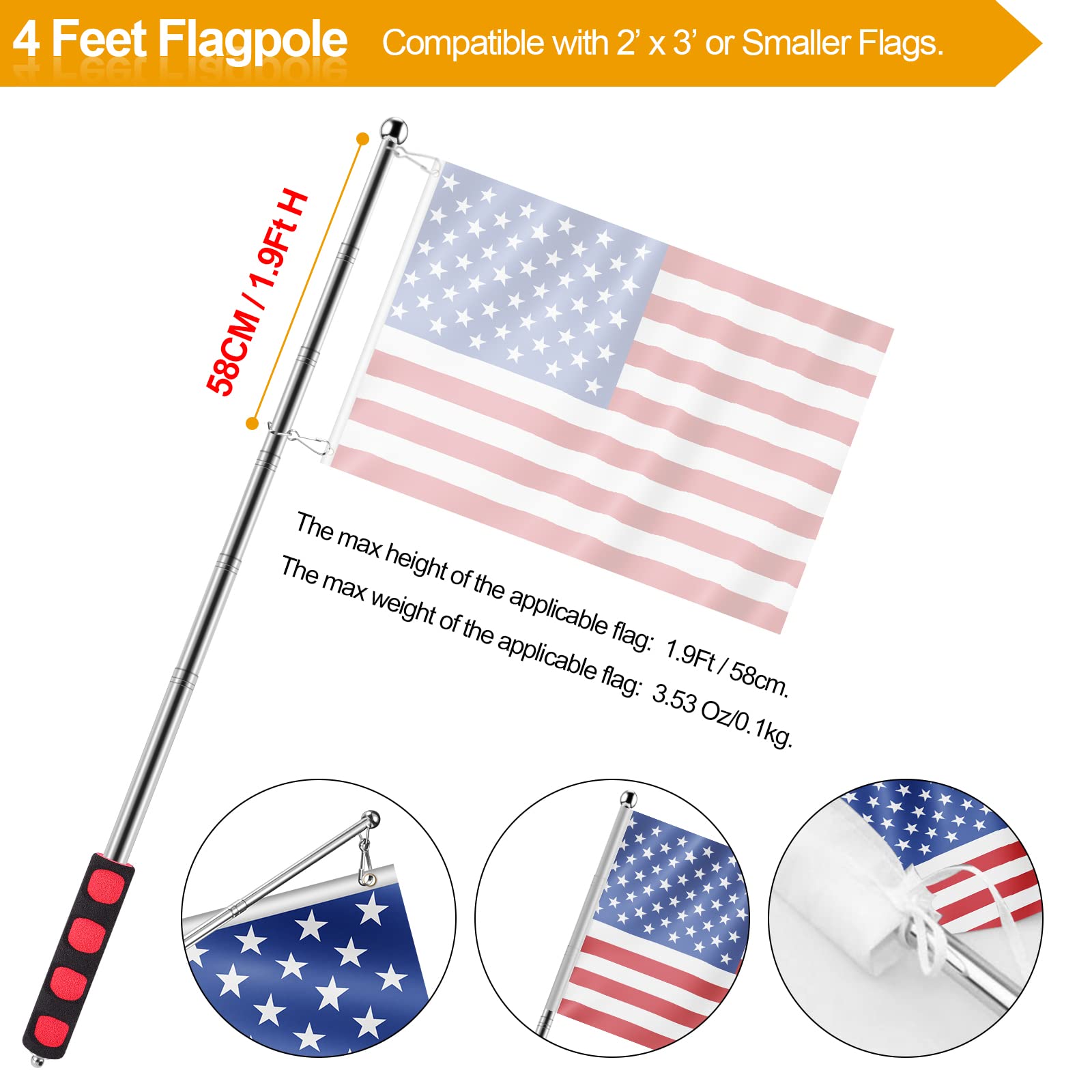 1.6m/2m Telescopic Handheld Flagpoles Portable Tour Guide Flag Pole for ...