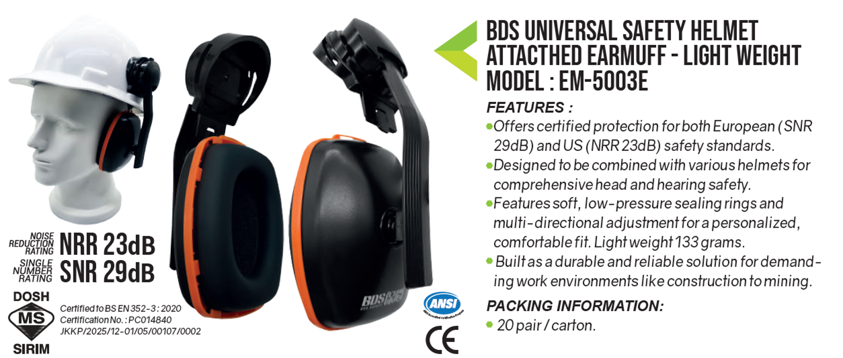 [SIRIM-DOSH] BDS SNR:29dB HELMET-MOUNTED EARMUFF LIGHTWEIGHT (EM5003E ...