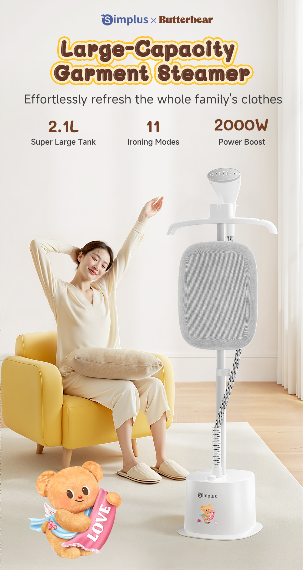 Simplus Standing Garment Steamer丨2.1L丨2000w Power丨11 Ironing Levels丨34g ...