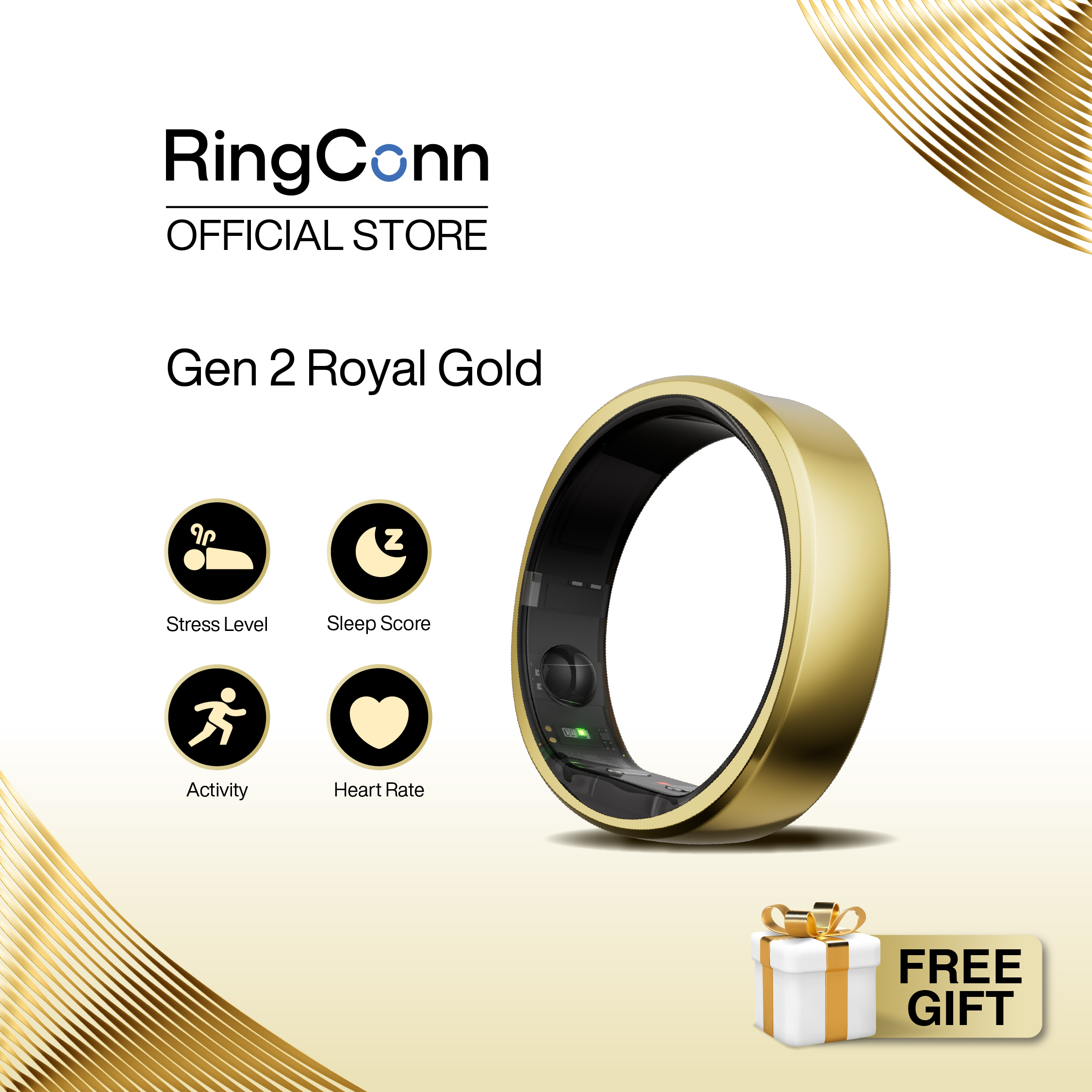 RingConn Gen 2 Royal Gold Smart Ring with 24/7 Health Monitoring ...