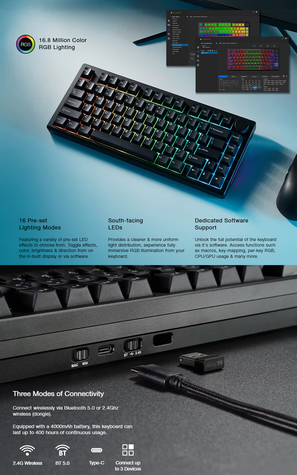 TECWARE Alloy 75 Wireless RGB Gaming Keyboard with Full CNC Aluminum ...