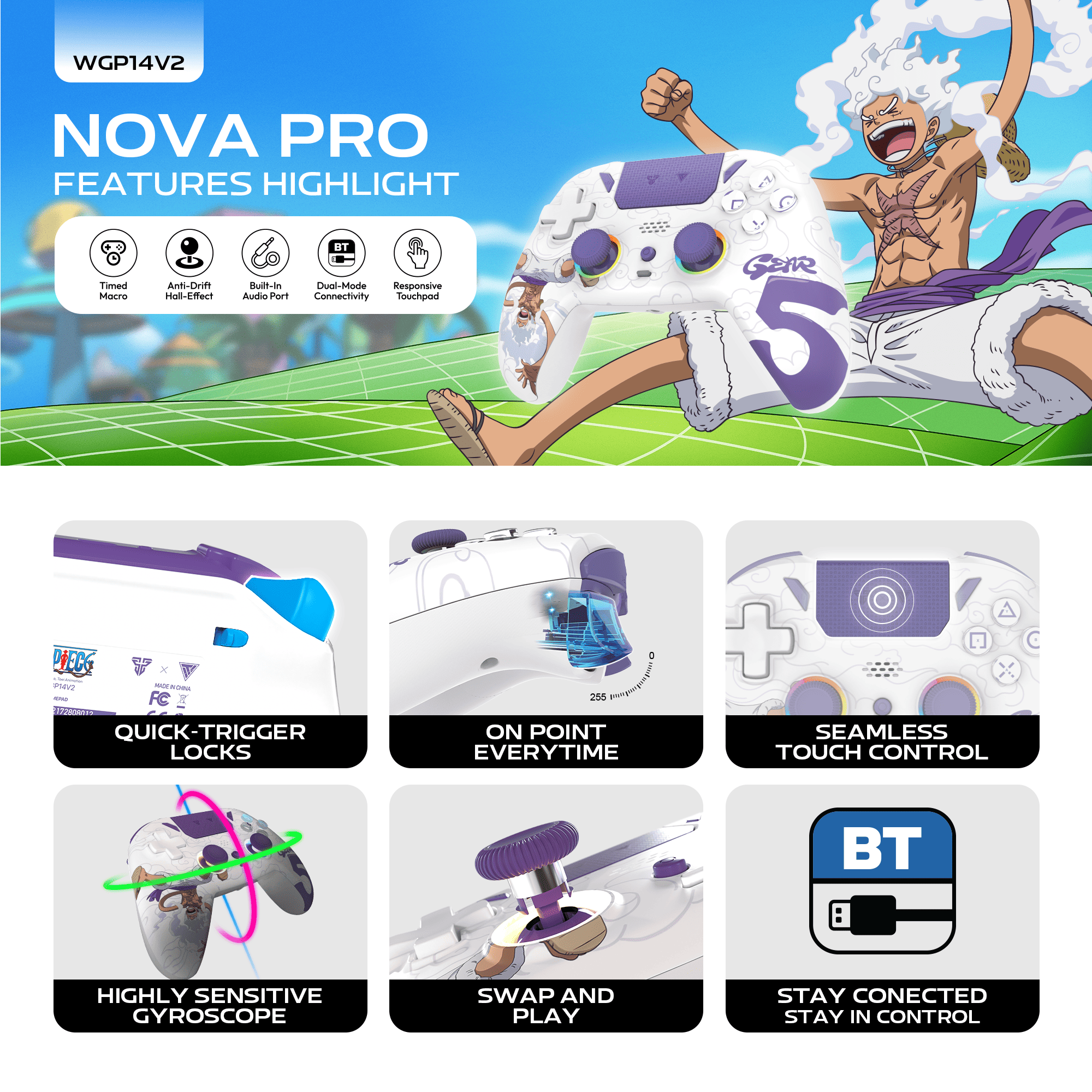 Fantech x One Piece - Luffy Gear 5 Nova Pro WGP14v2 Wireless Gaming Controller Hall-Effect ...