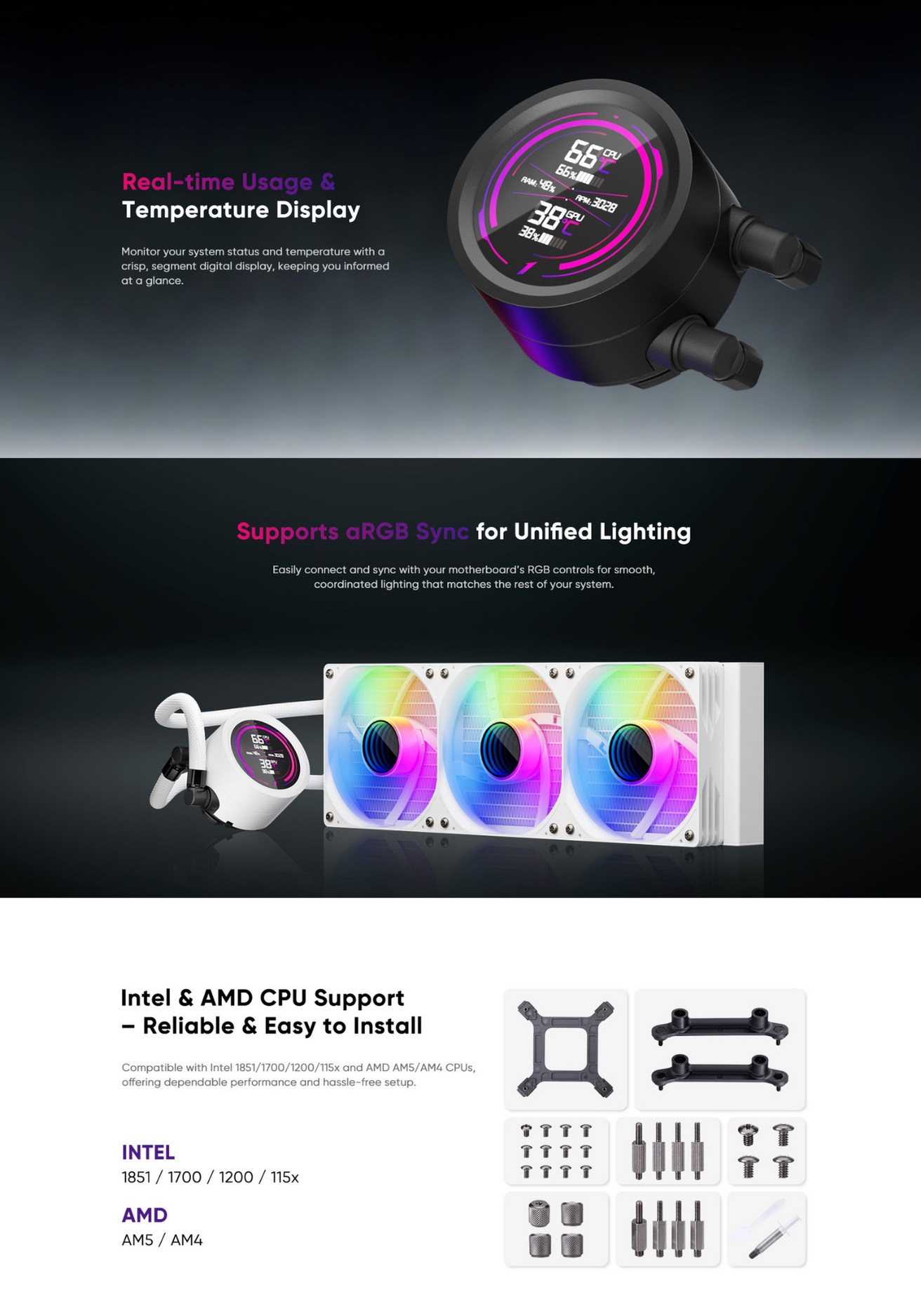 1st Player TS4 240 / 360 Liquid Cooler aRGB Digital CPU AIO 3000 RPM ± ...