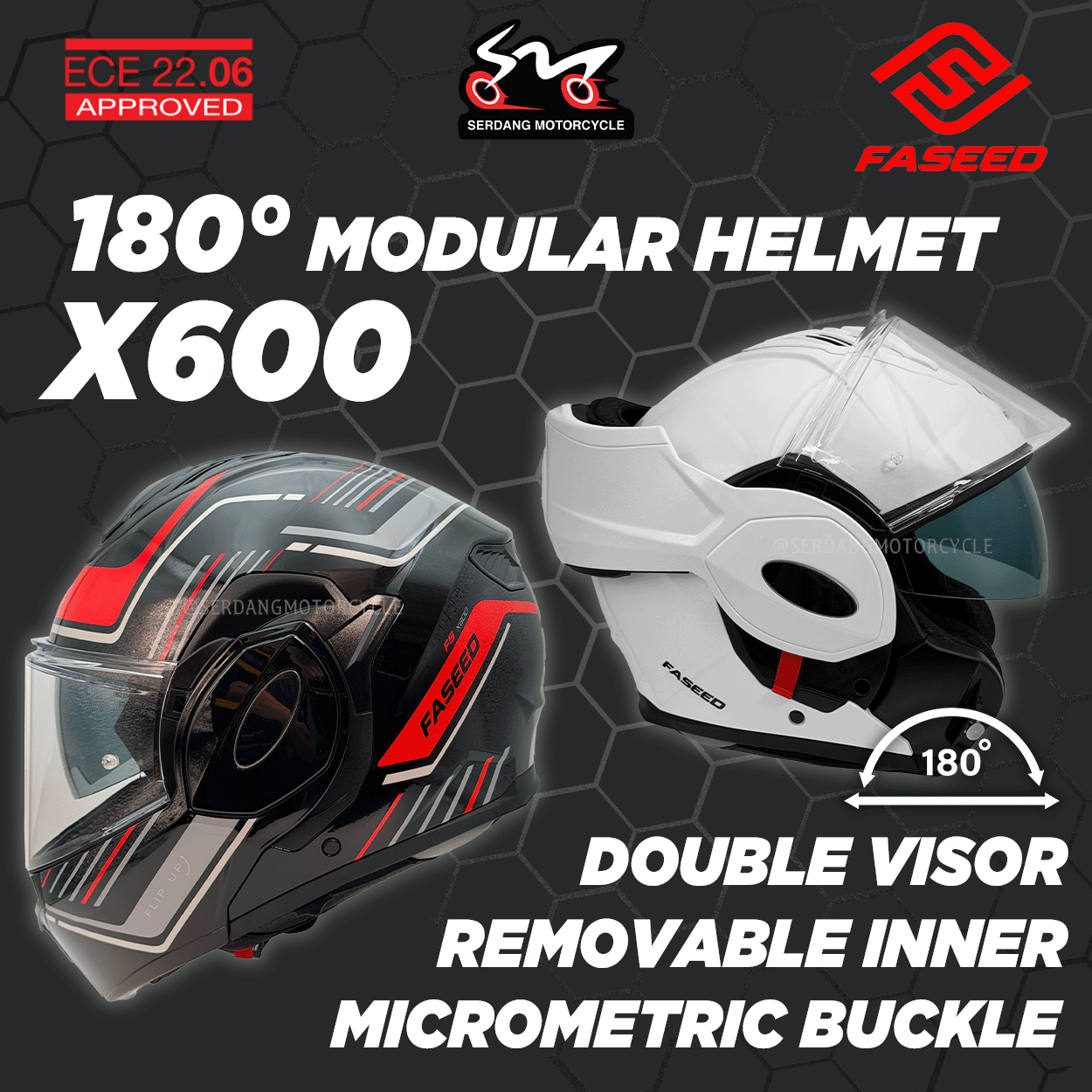FASEED X600 Modular Helmet Double Visor Full Open Face 180° Flip Up ECE ...
