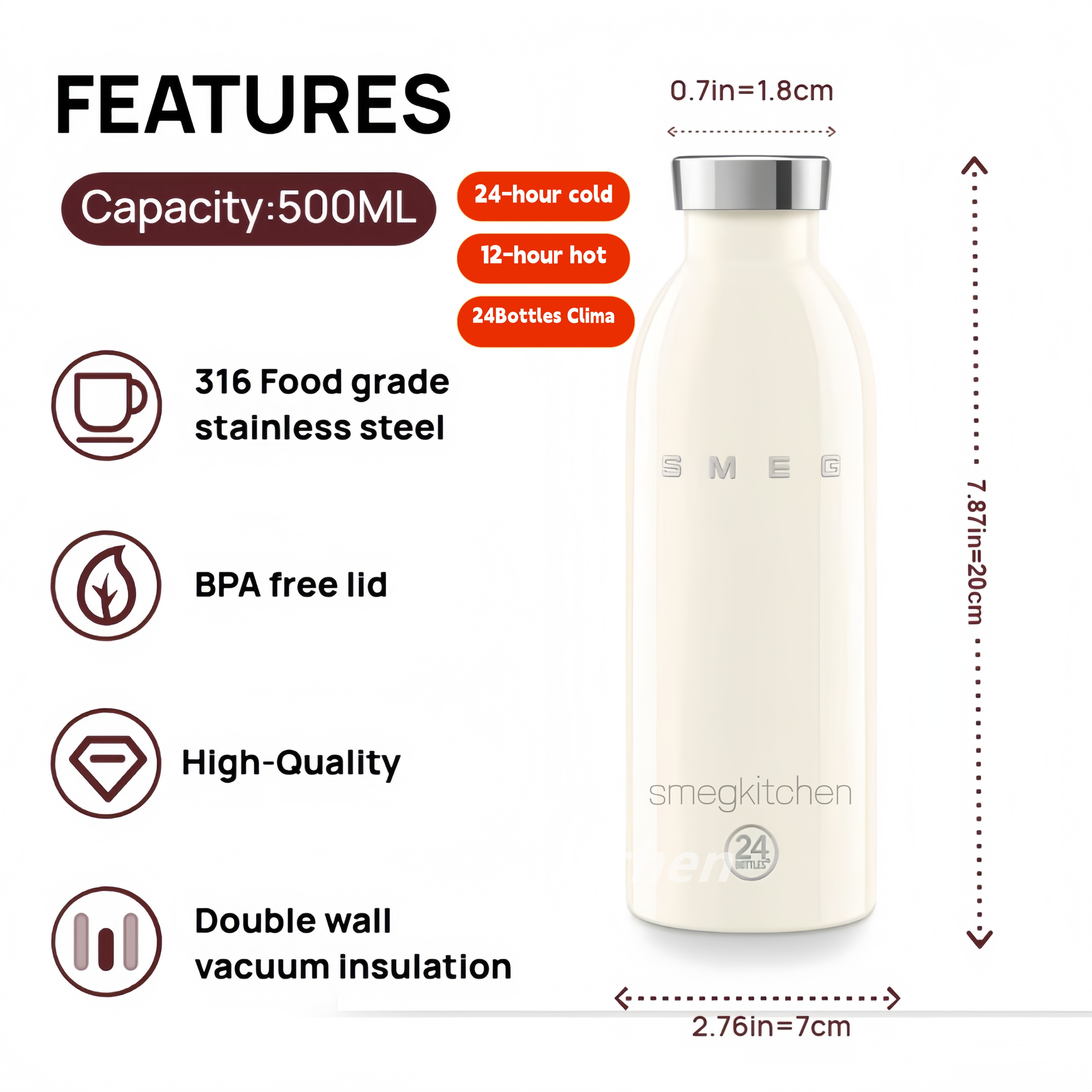 SMEG x 24 Bottles thermos flasks 500ML Stainless Steel Tumbler Sport ...