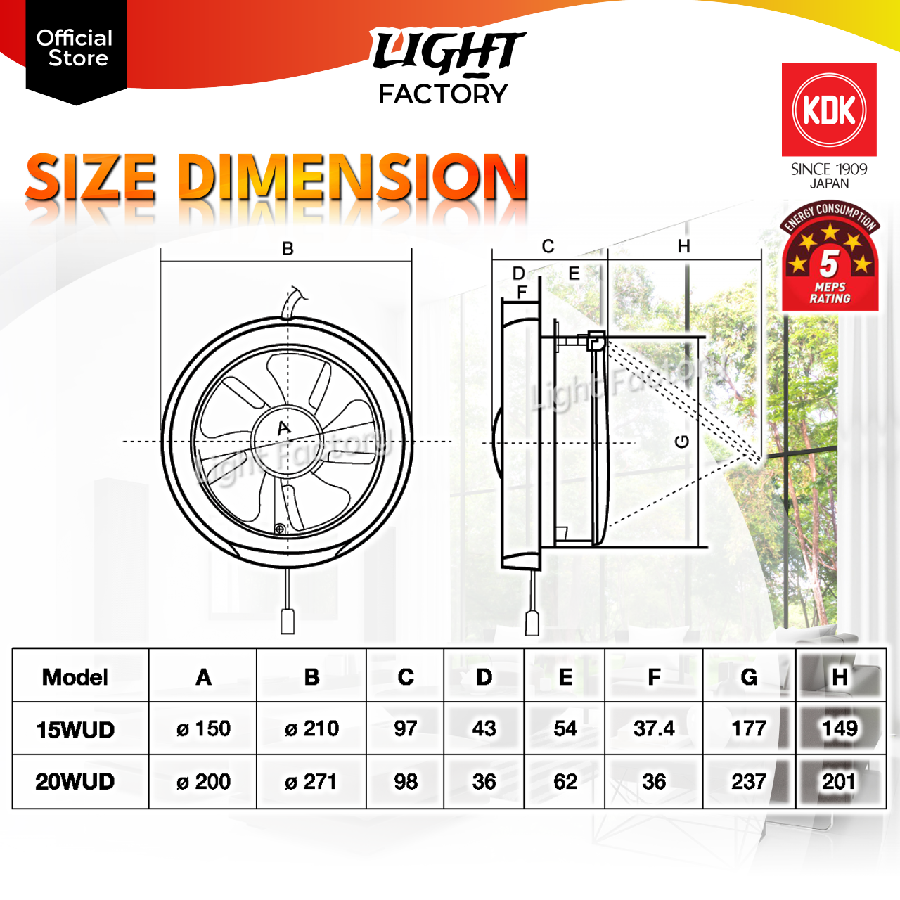 KDK 15WUD 20WUD Glass Mounted Exhaust Ventilating Fan 6" 15WUD 8" 20WUD ...