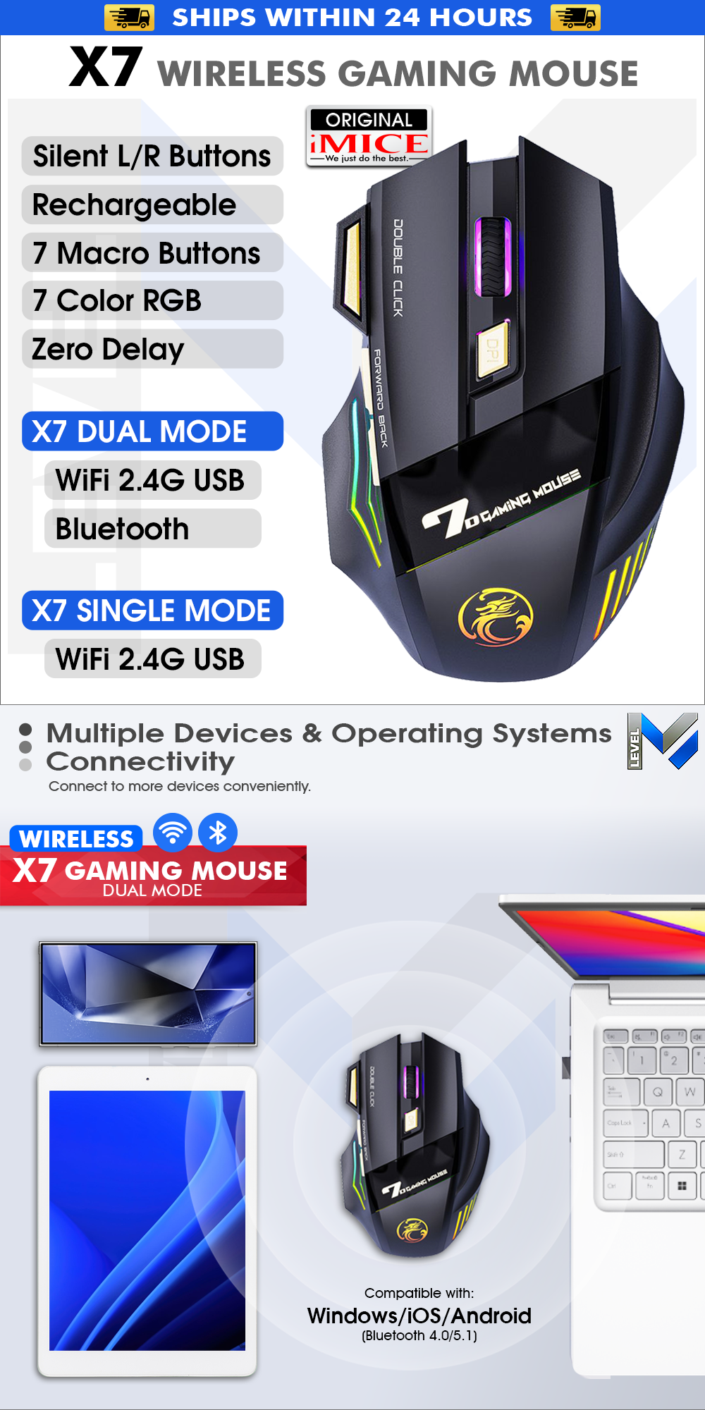 Mouse wireless wired mouse gaming DUAL MODE 7 buttons Rechargeable Wi ...