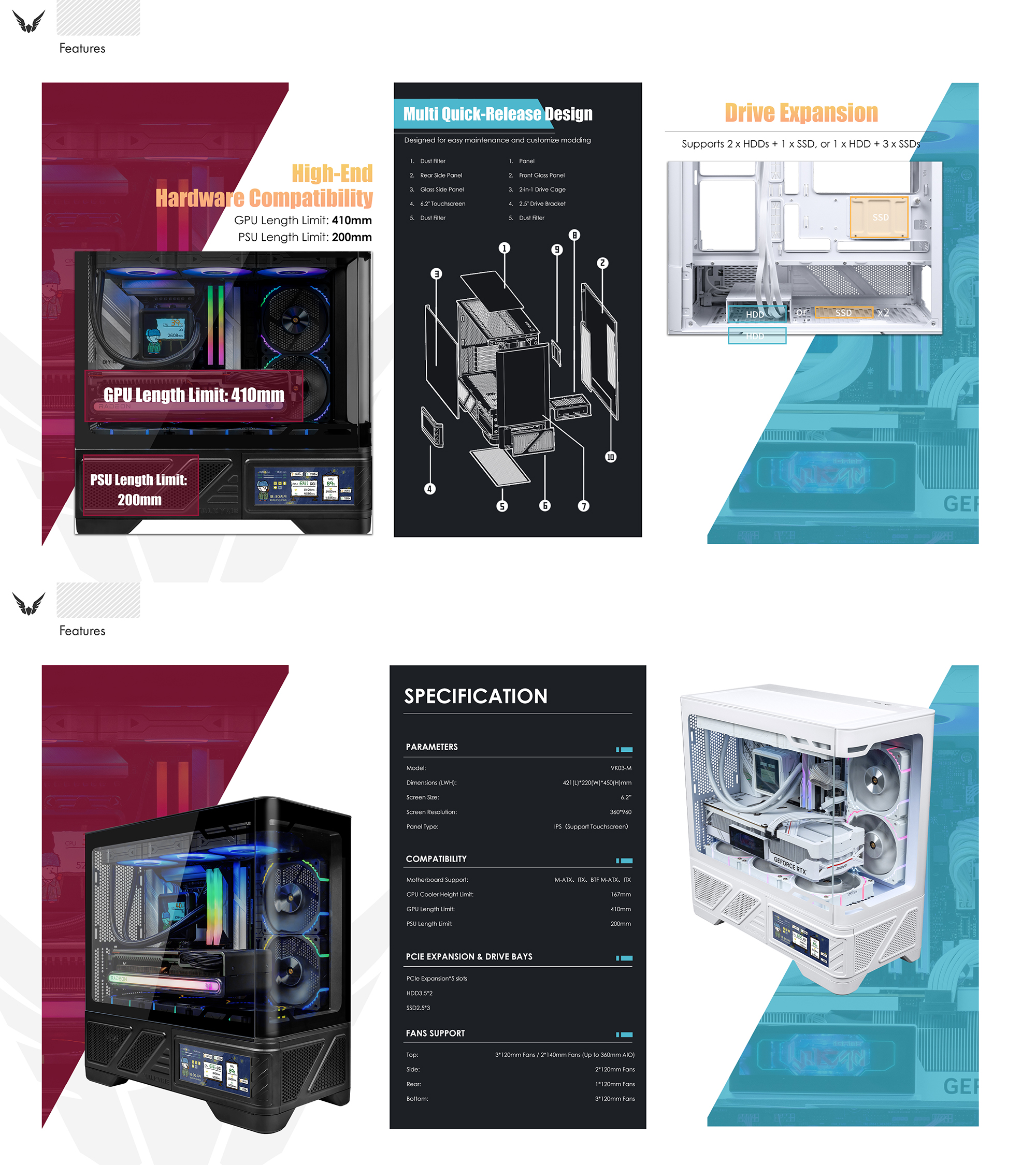 VALKYRIE VK03-M Panoramic Curved MATX Case with 6.2" Touchscreen LCD ...