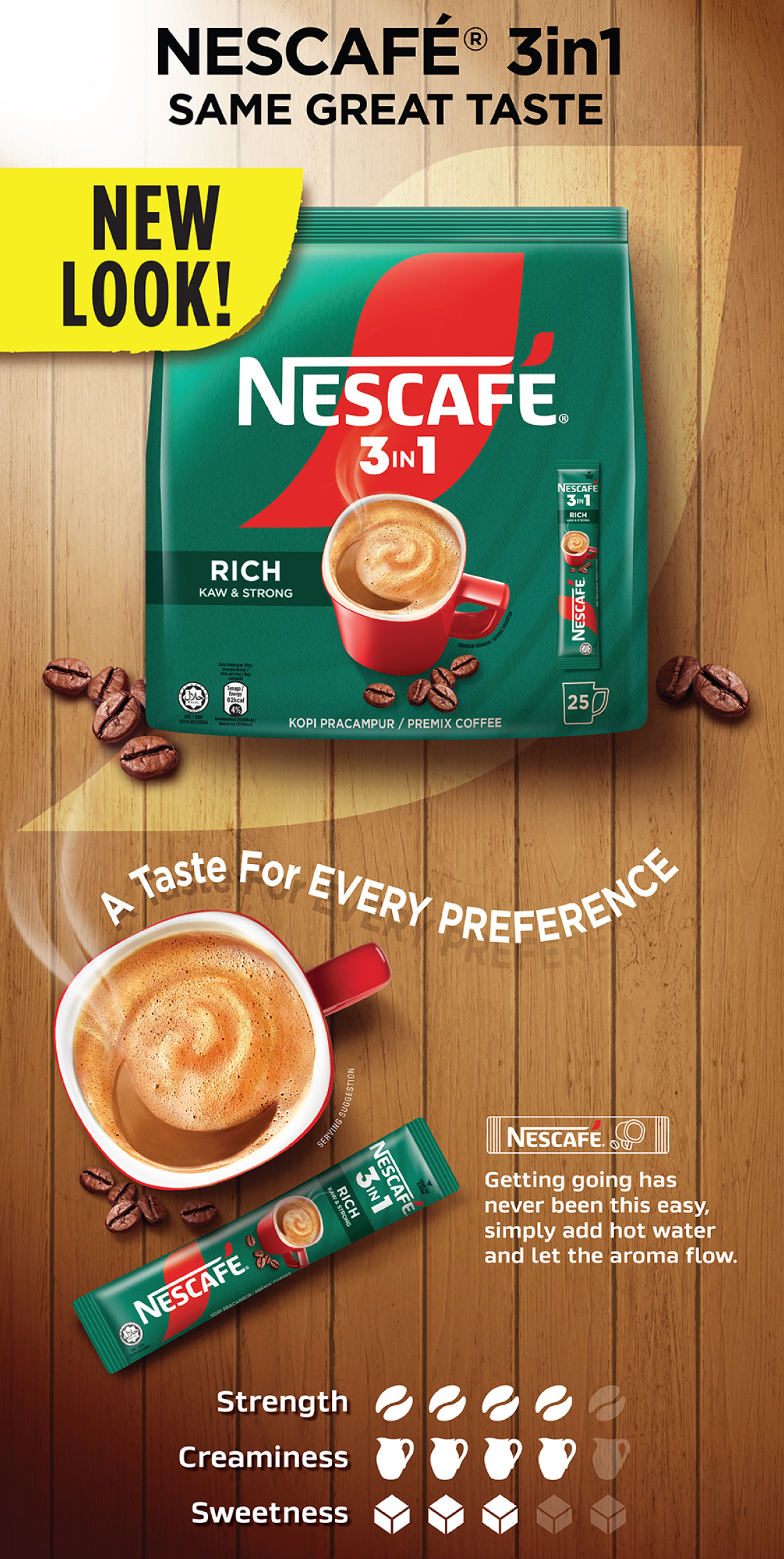 NESCAFÉ 3in1 Rich, Coffee Mix, Rich & Strong Coffee, 25 Coffee Sticks ...