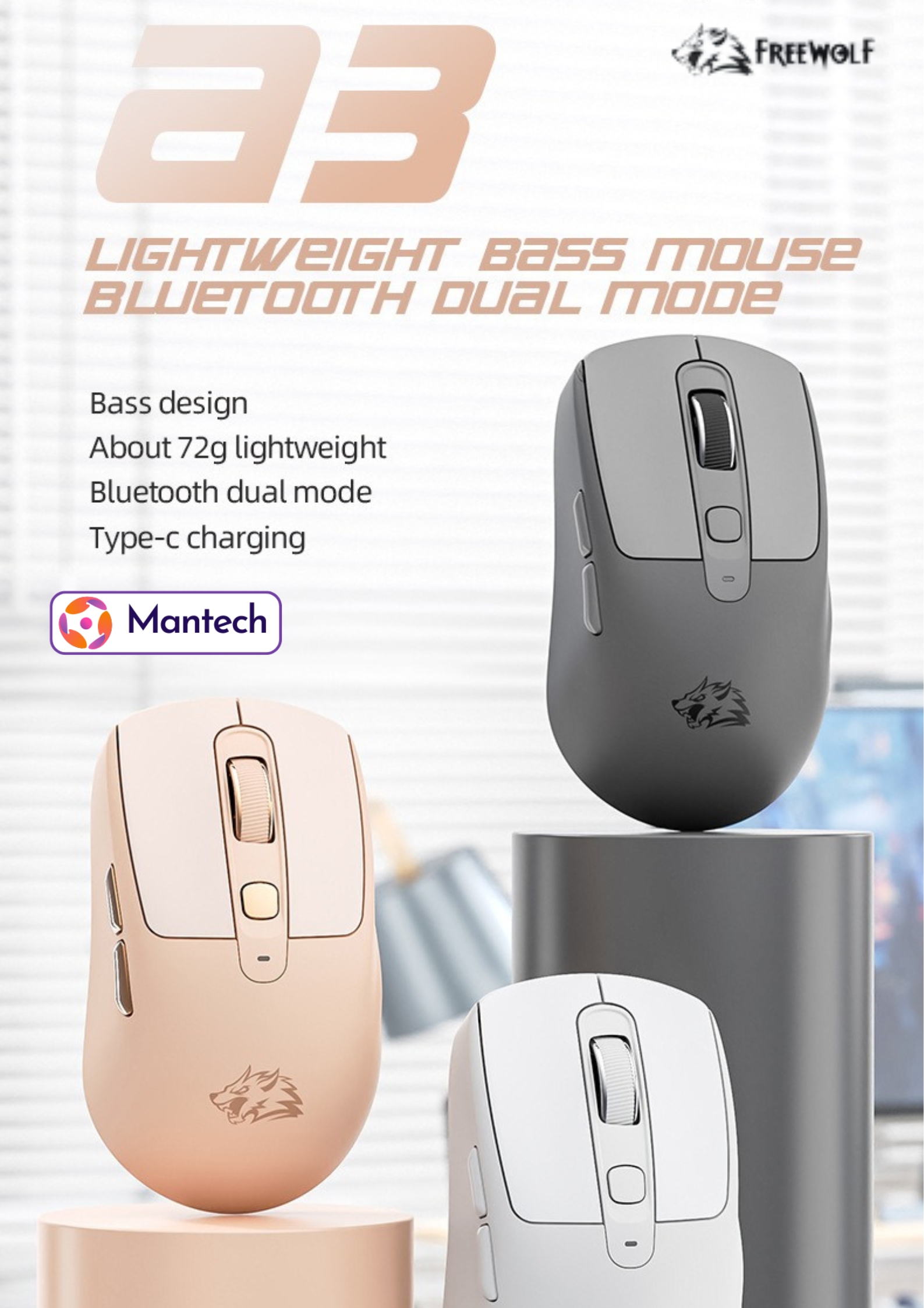 Free Wolf A3 Wireless Mouse Bluetooth + 2.4G, 4000DPI, Silent Click ...