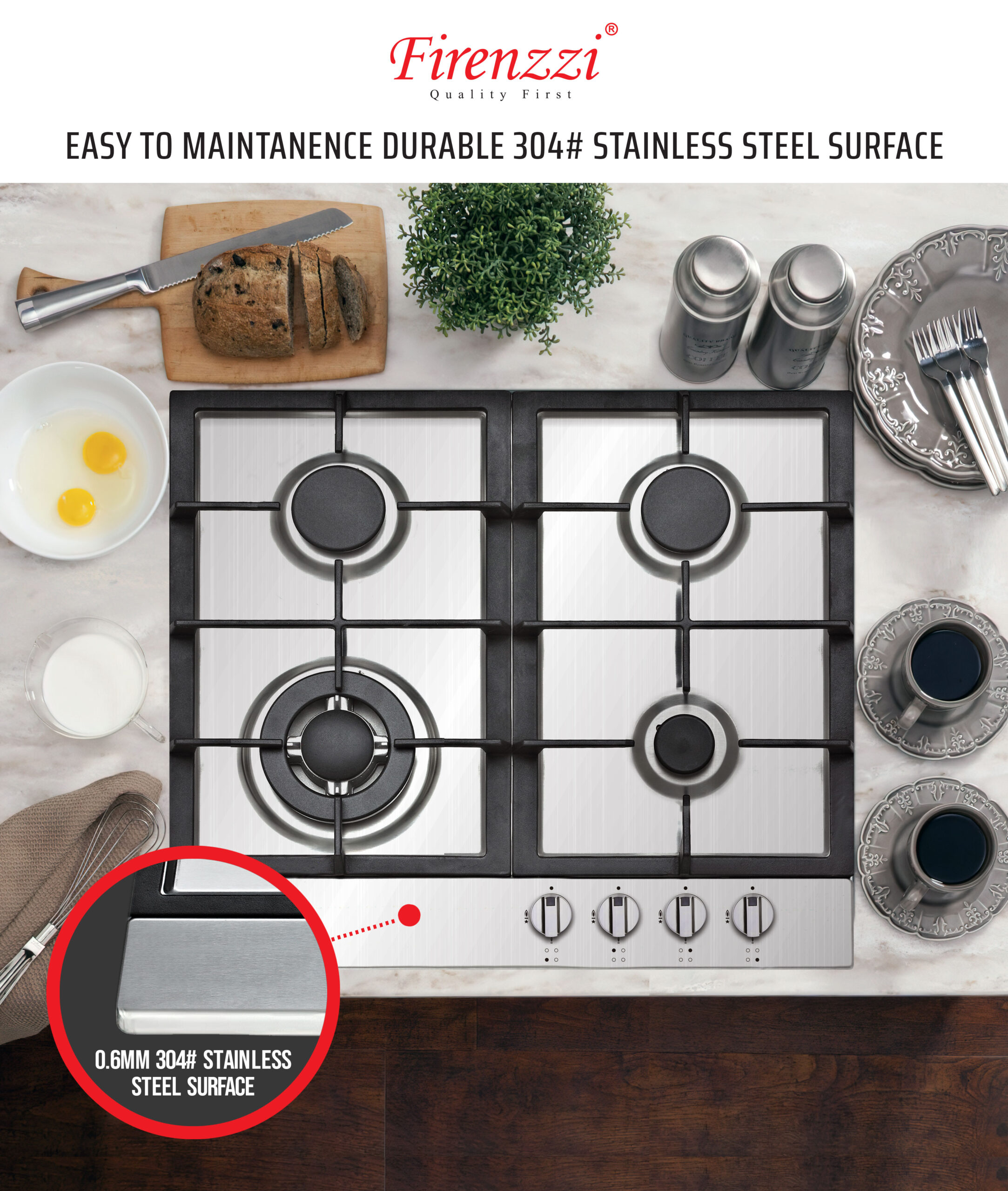 Firenzzi FH-6408 SS 60CM Gas Hob Built-In Stainless Steel Hob 4 Burners ...