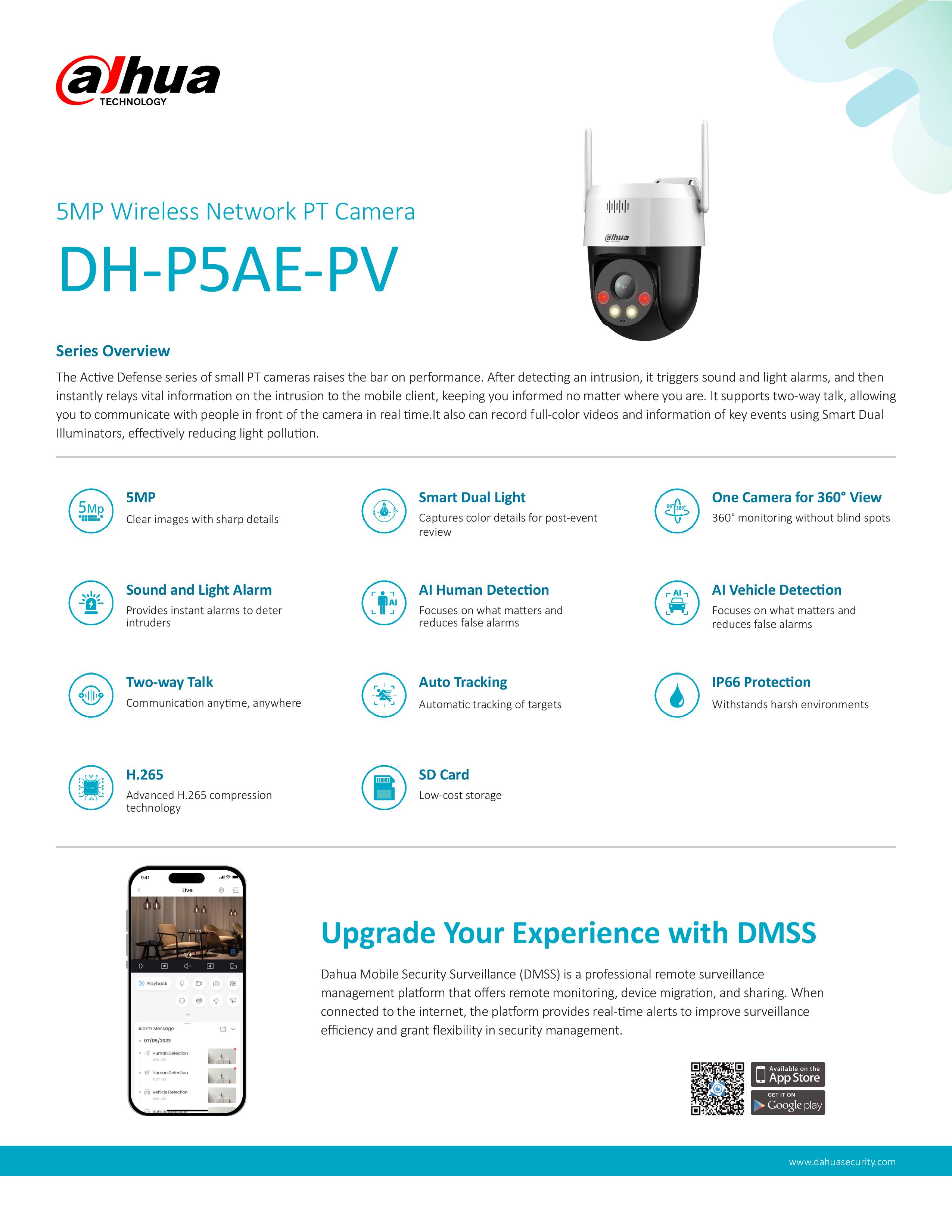 Dahua DH-P5AE-PV 5MP Outdoor WiFi PT Camera Full Color Night Vision ...