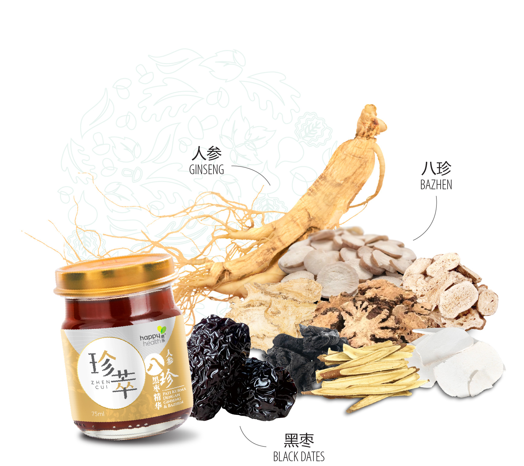 Happy Health® Zhen Cui Essence of Dates with Ginseng & Ba Zhen (75ml X ...
