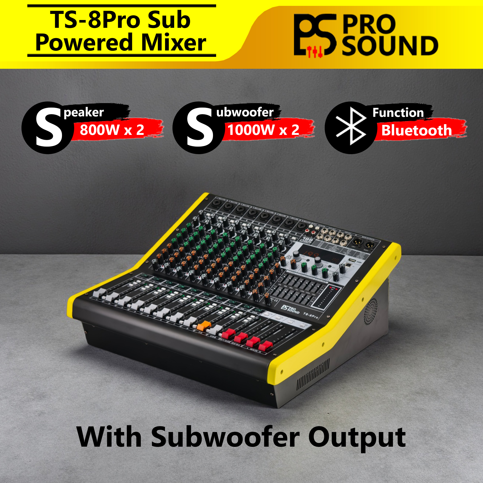 PS Pro Sound TS-8Pro 8ch Powered Mixer w Subwoofer Output & Bluetooth ...