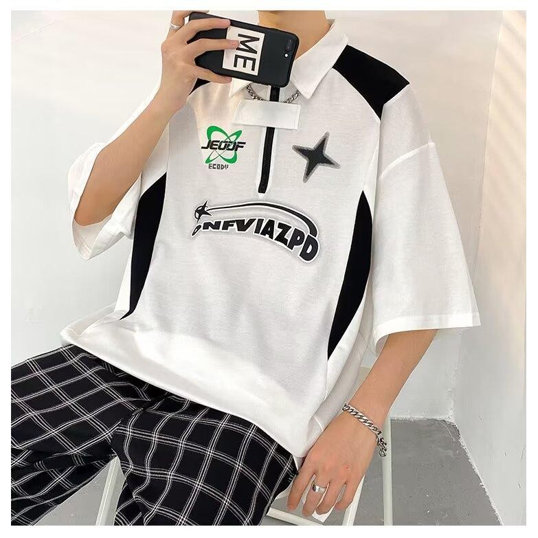 Kemeja polo lengan pendek bercetak gaya Amerika lelaki, kemeja sukan ...
