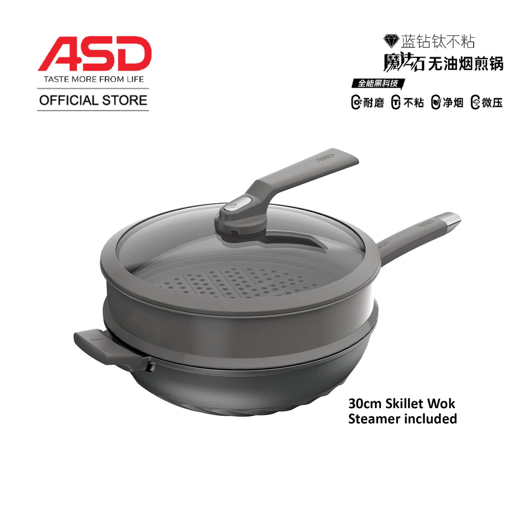 ASD Tornado Blue Diamond 30cm IH Die Cast Skillet Wok Pan + Steamer ...