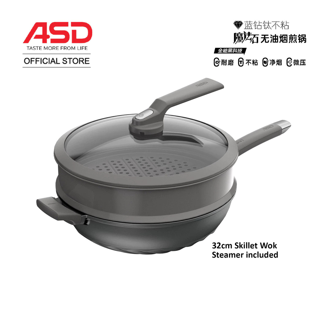 ASD Tornado Blue Diamond 32cm IH Die Cast Skillet Wok Pan + Steamer ...