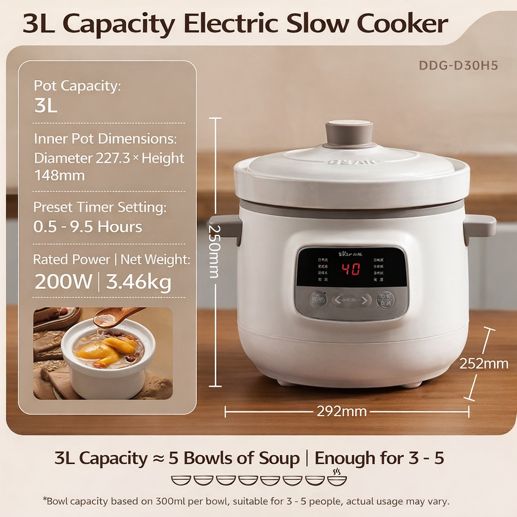 Bear DDG-D30H5 3L Electric Stew Pot, White Ceramic Inner, 7 Menu ...