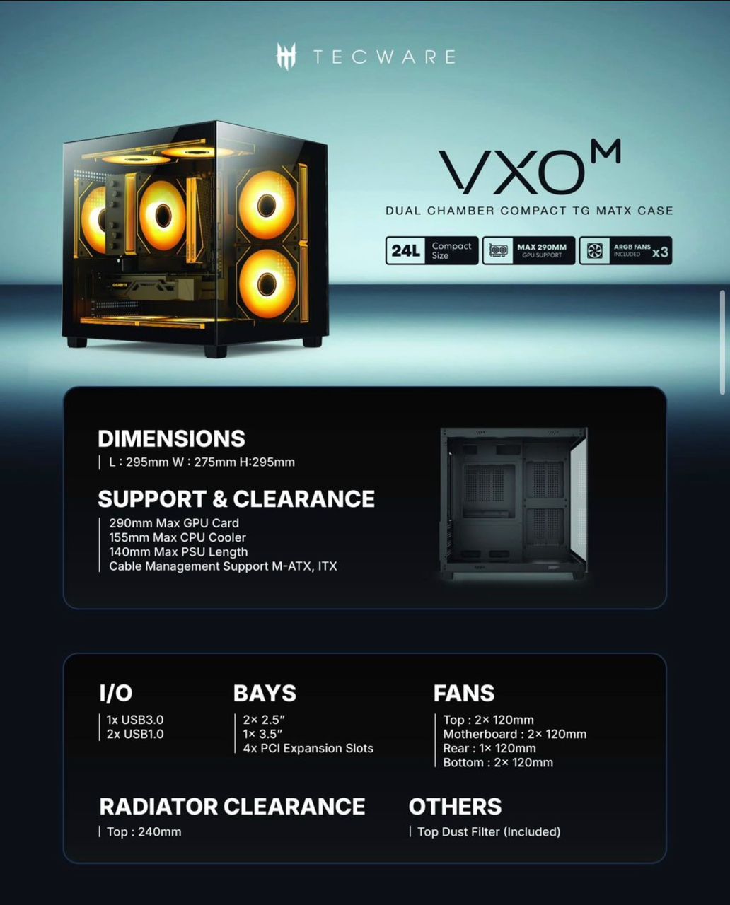TECWARE VXO M TG ARGB M-ATX DESKTOP PC CASE / CASING WITH 3 ARGB FANS ...
