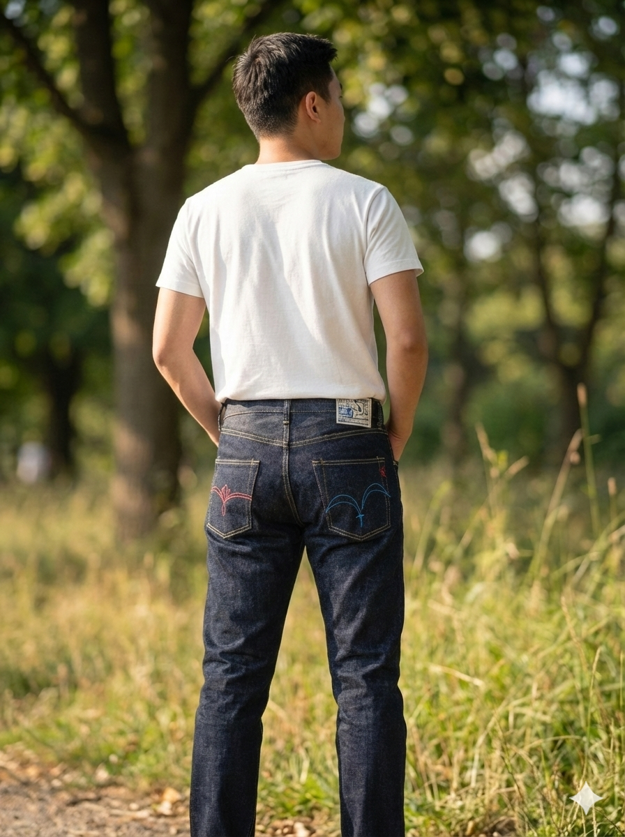 Samurai Jeans Kepala Kain Button Fly Benang Biru Merah Take Five 13oz ...