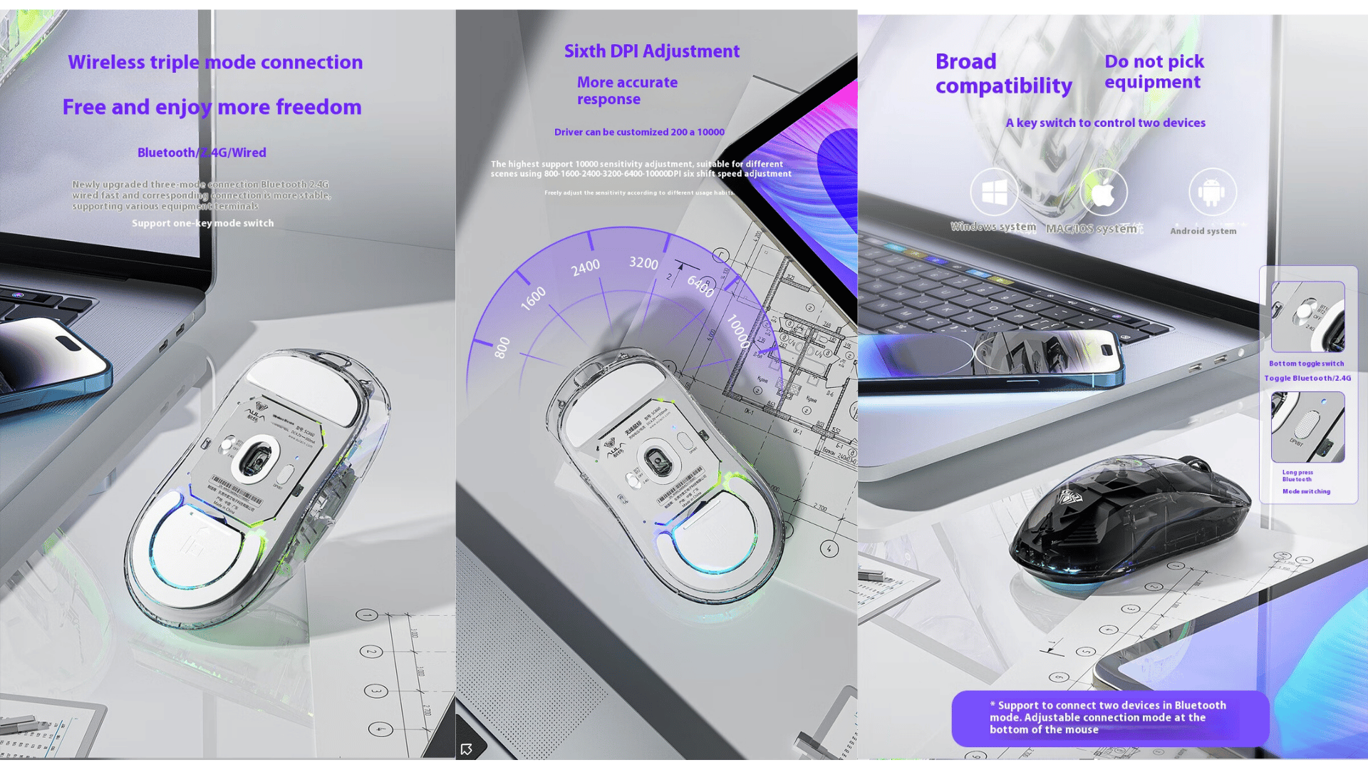 AULA SC660 3Mode Gaming Mouse Bluetooth /2.4G /Type-C 10000DPI Optical ...