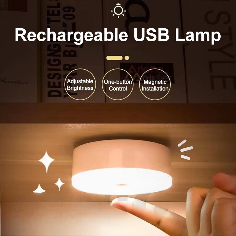 Portable Push LED Lamp Night Light USB Rechargeable Stick-on Push Light ...