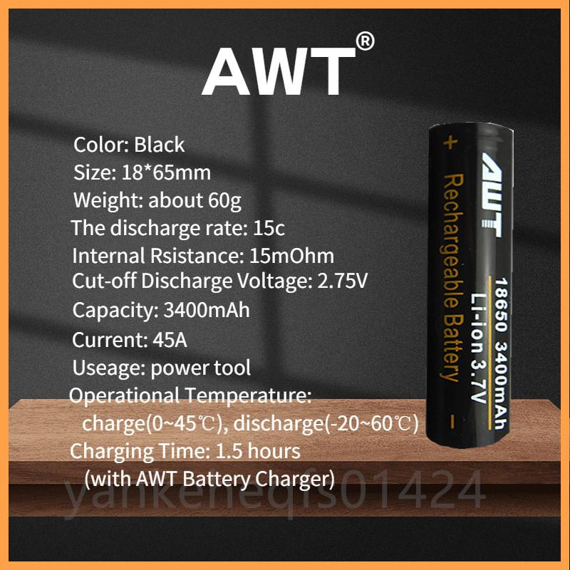 Original AWT lithium Li-ion 3.7V battery 18650 3400mAh 3000mAh 3500mAh ...