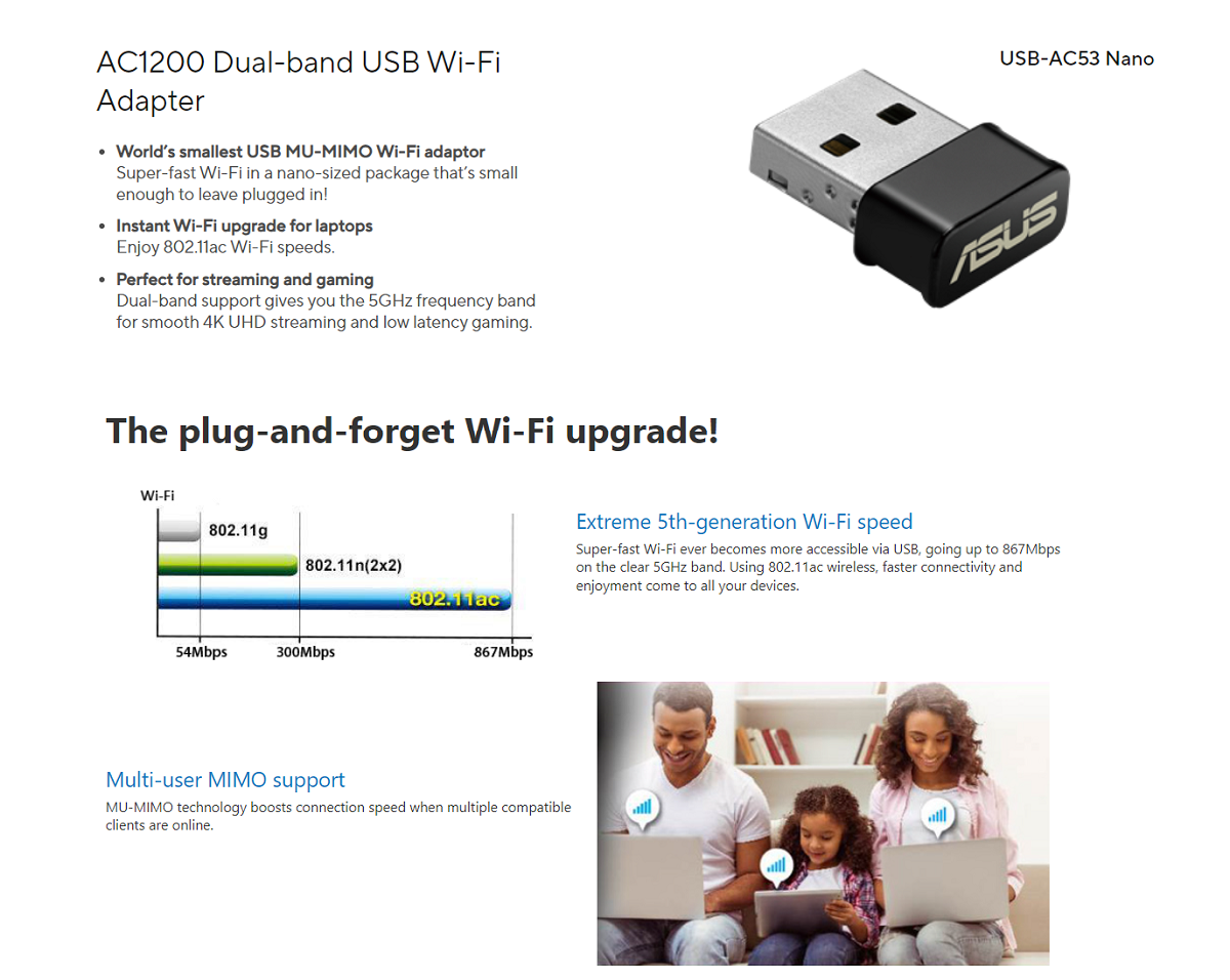 ASUS USB AC53 NANO AC1200 DUAL-BAND USB WI-FI ADAPTER WITH MU-MIMO ...