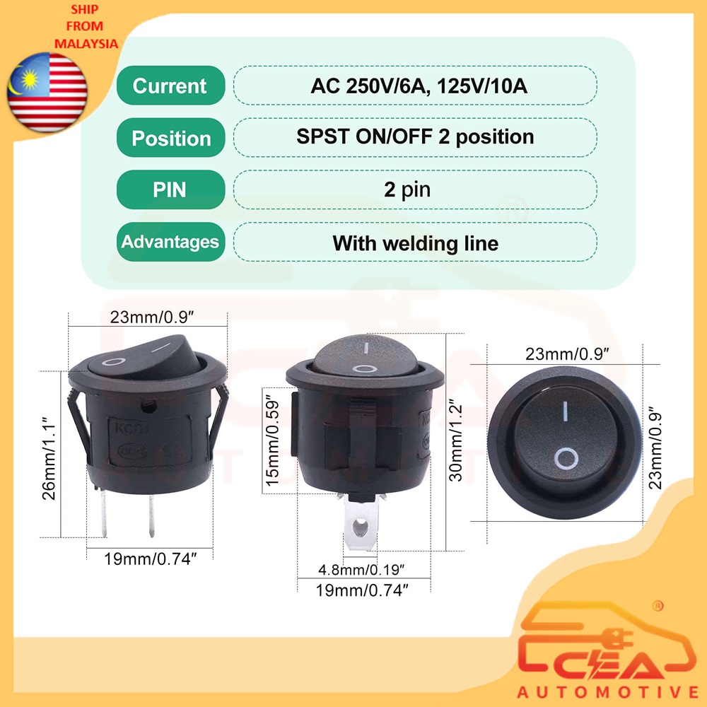 KCD1 23MM ROUND ROCKER TOGGLE SWITCH ON OFF 2 PIN 6A 250V 10A 125V ...