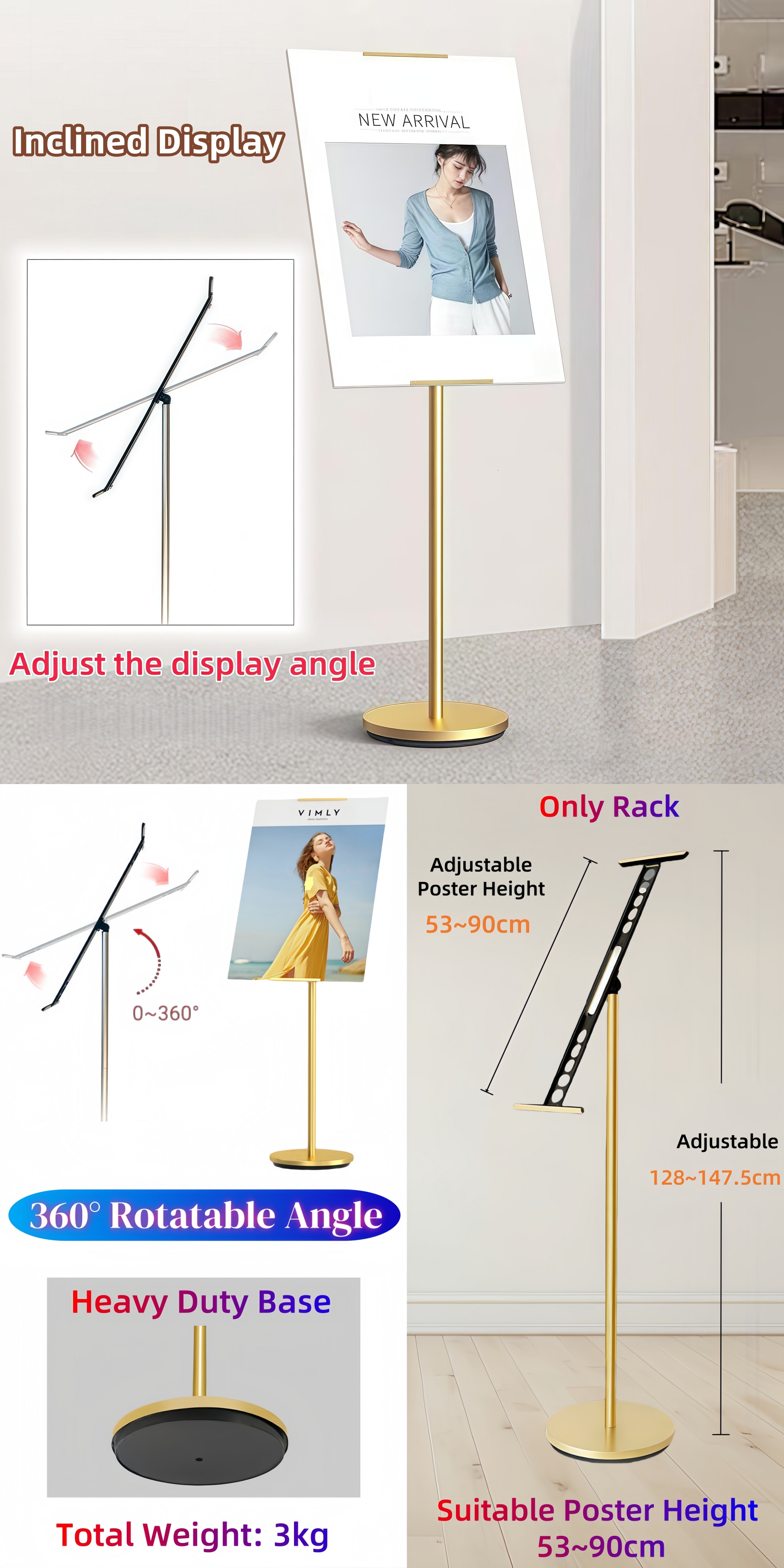 Poster Stand Heavy Base Signboard Stand Golden Display Easel Adjustable ...