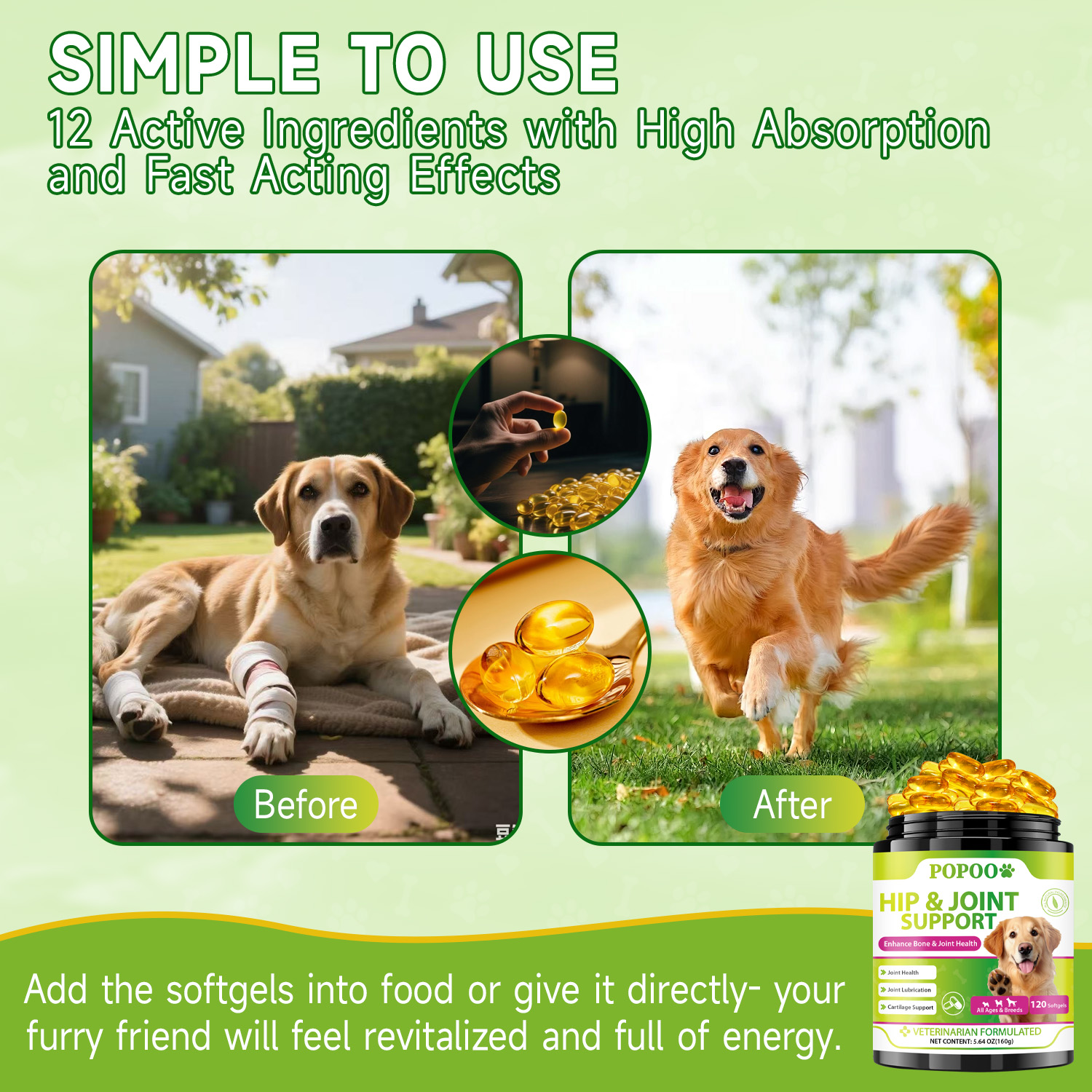 Popoo Hip & Joint Support for Dogs Natural Joint Supplement Boosts ...